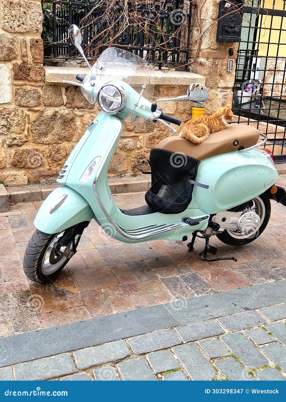 A Dog Lying on the Back of a Moped Parked in Front of a Gate Editorial ...
