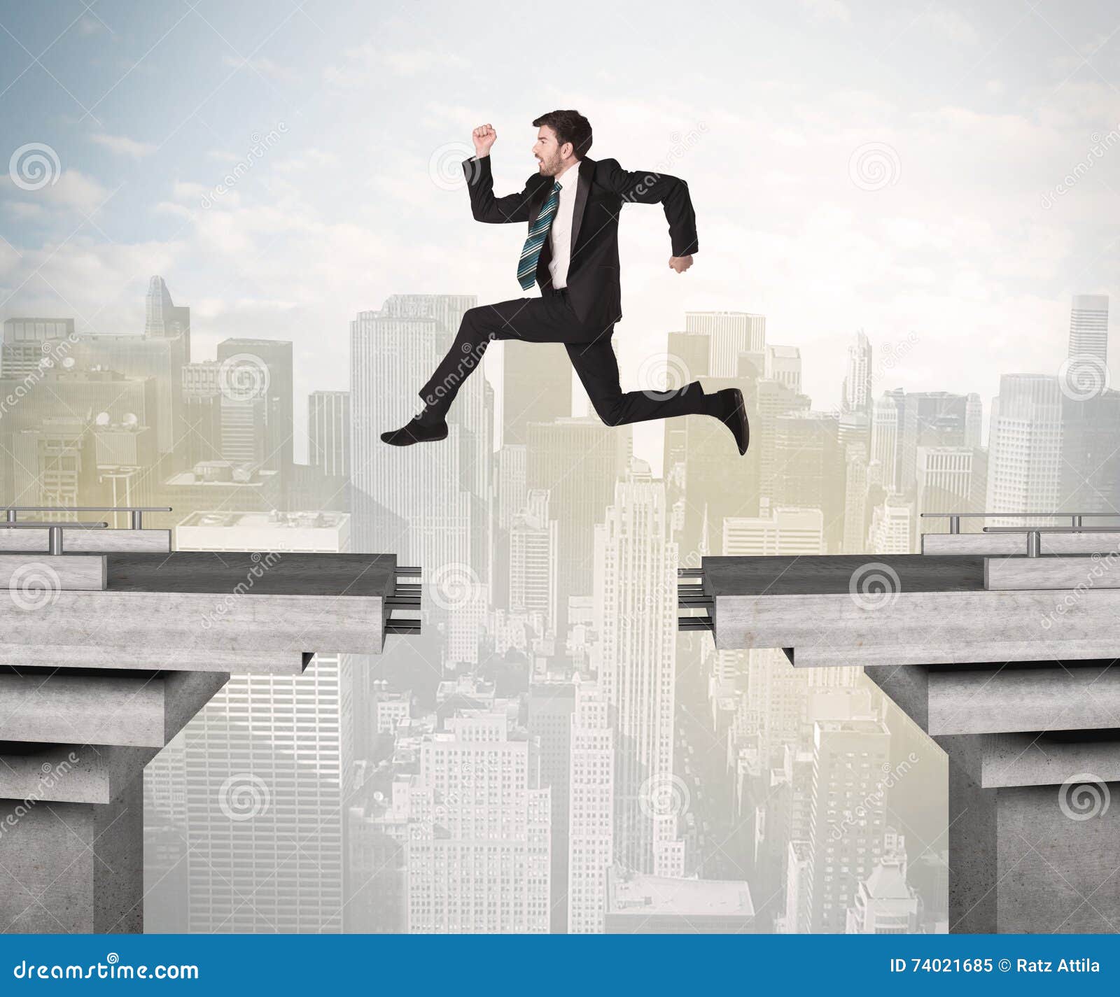 Energetic Business Man Jumping Over a Bridge with Gap Stock Image ...