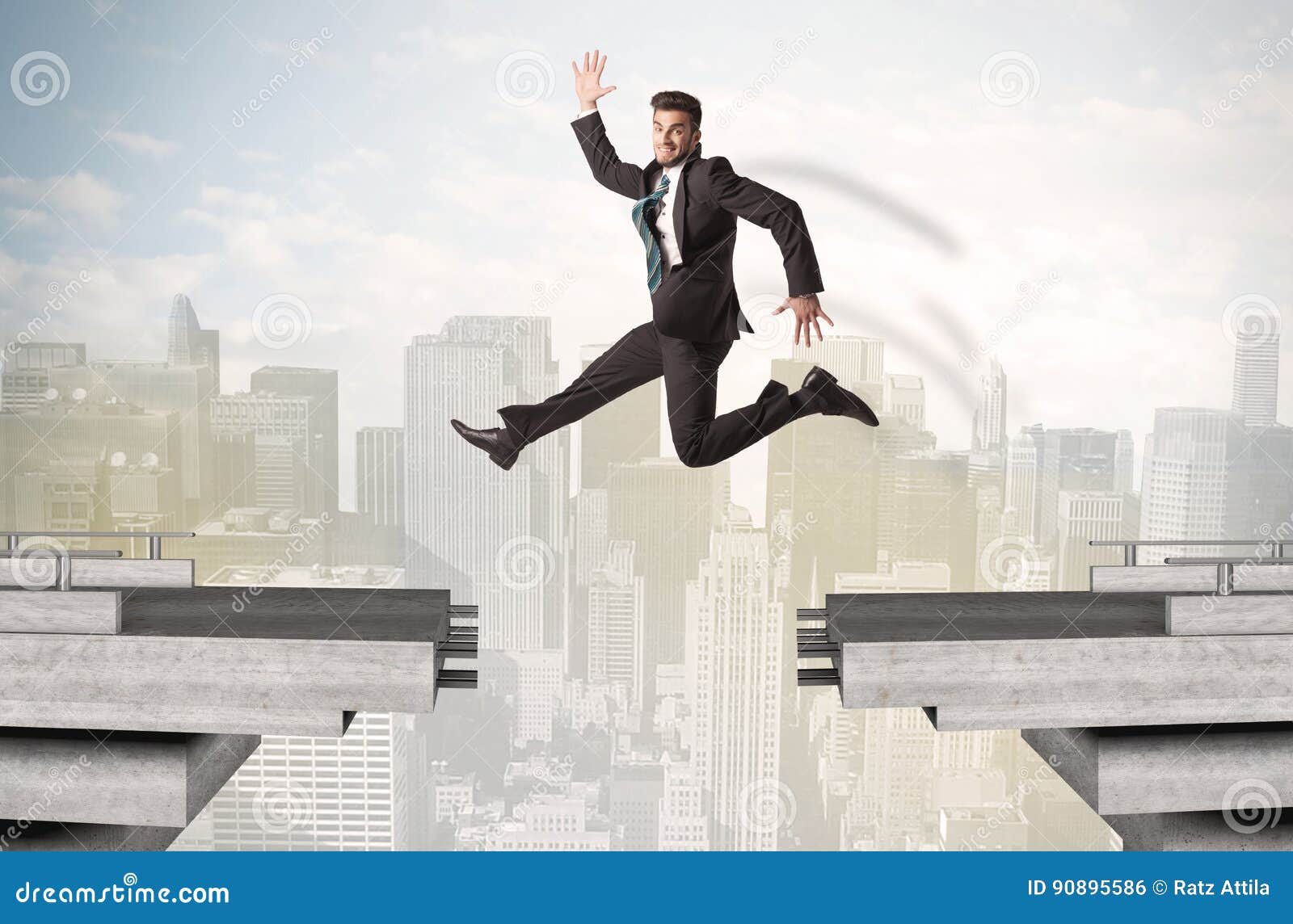 Energetic Business Man Jumping Over a Bridge with Gap Stock Photo ...