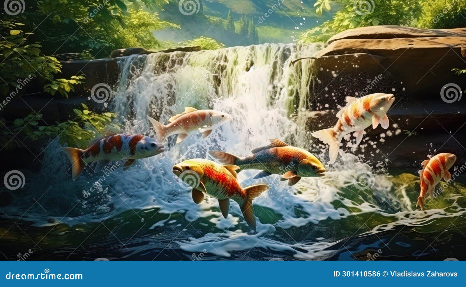 Energetic Fish Breaking through Water Obstacles To the Waterfall Stock ...
