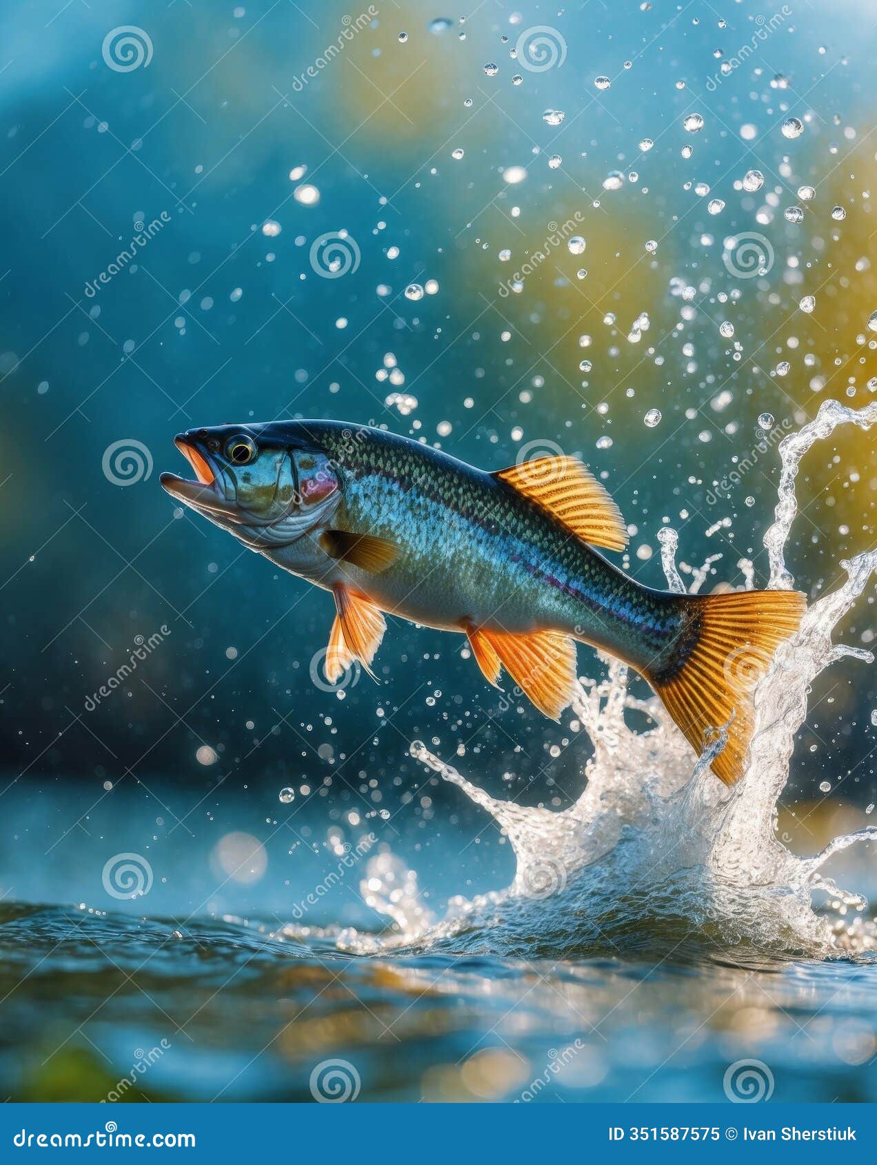 Energetic Freshwater Fish Leaping Out of Water with Splashing Stock ...