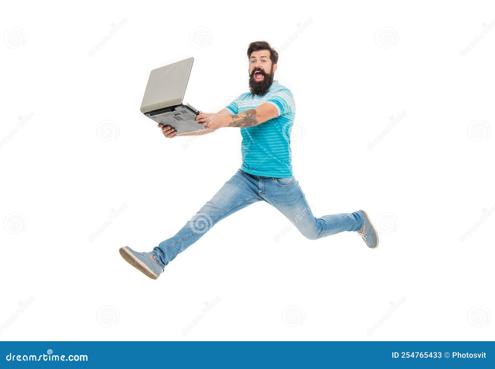 Energetic Guy Computer User. Bearded Guy Jumping with Laptop Stock ...