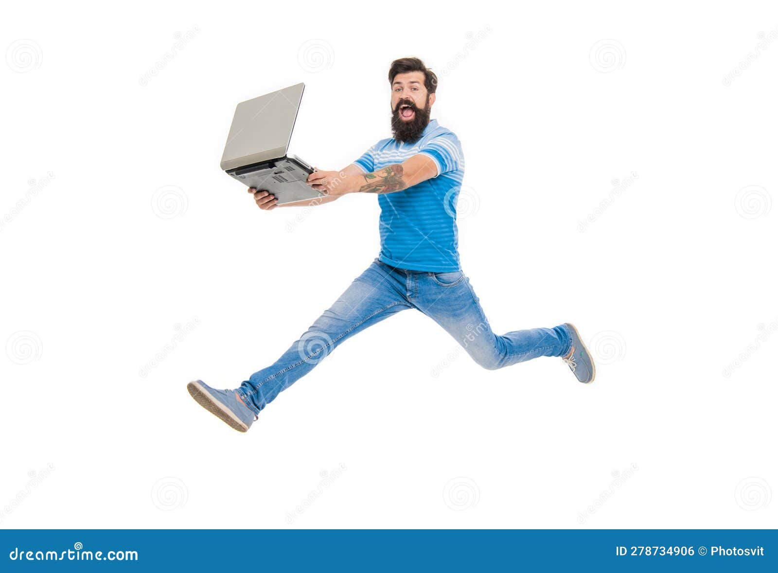 Energetic Guy Computer User. Bearded Guy Jumping with Laptop Stock ...