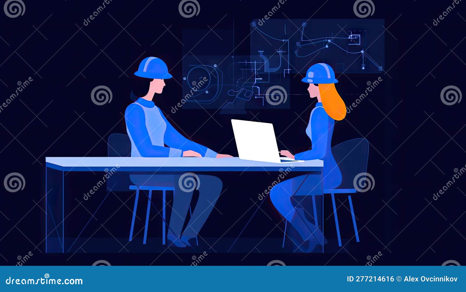 Energetic Lady Working on Laptop with Engineer in Animated Solar Style ...