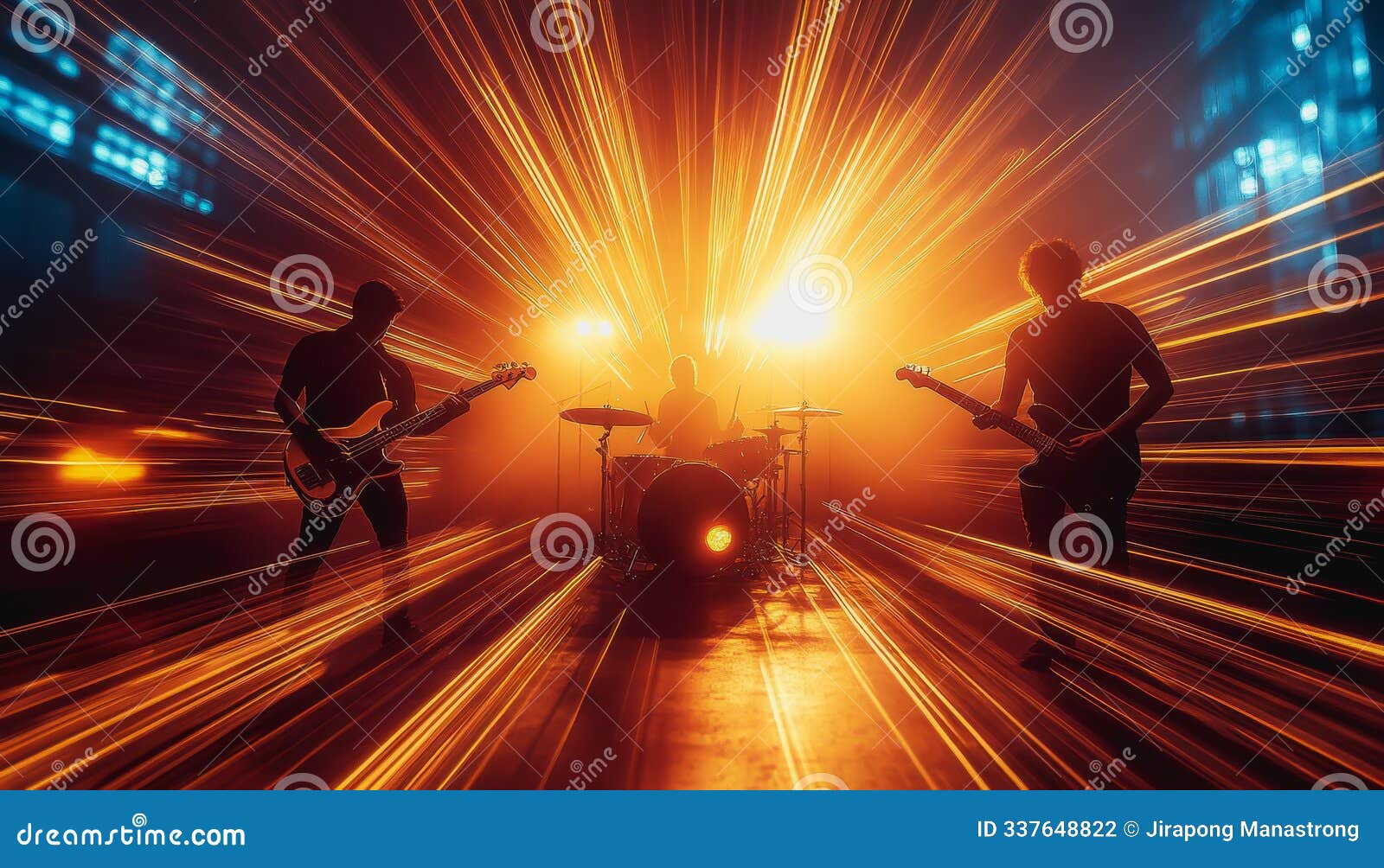 Energetic Rock Band Performing Under Dramatic Stage Lights with Glowing ...