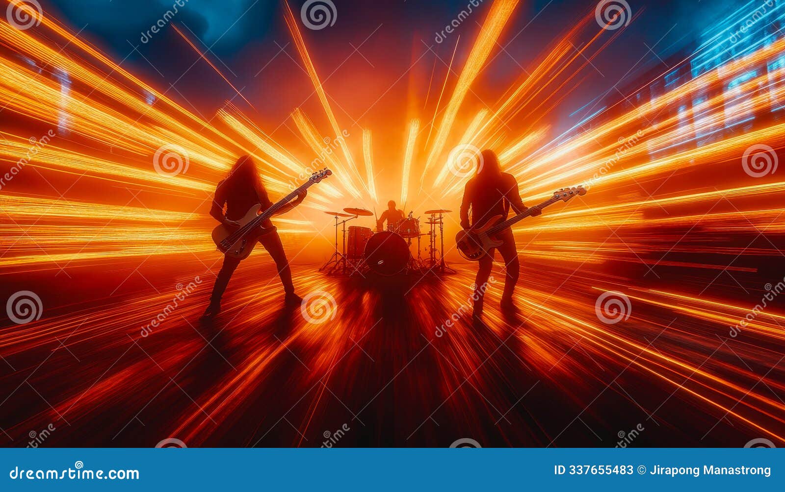 Energetic Rock Band Performing Under Dramatic Stage Lights with Glowing ...