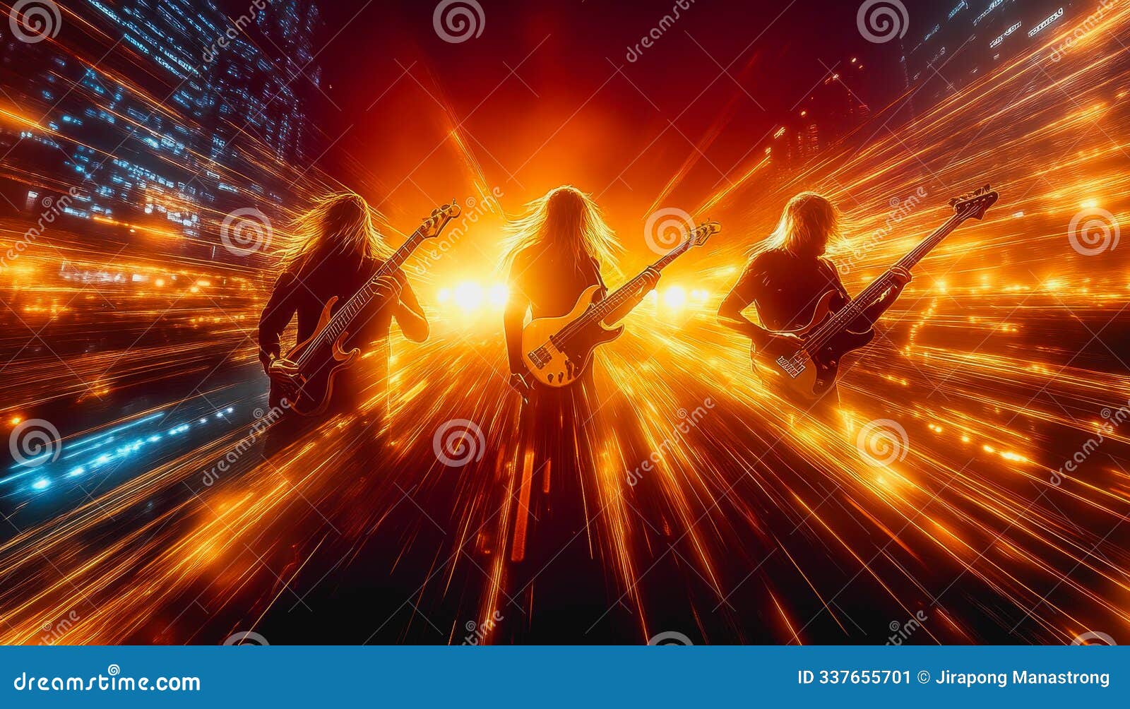 Energetic Rock Band Performing Under Dramatic Stage Lights with Glowing ...