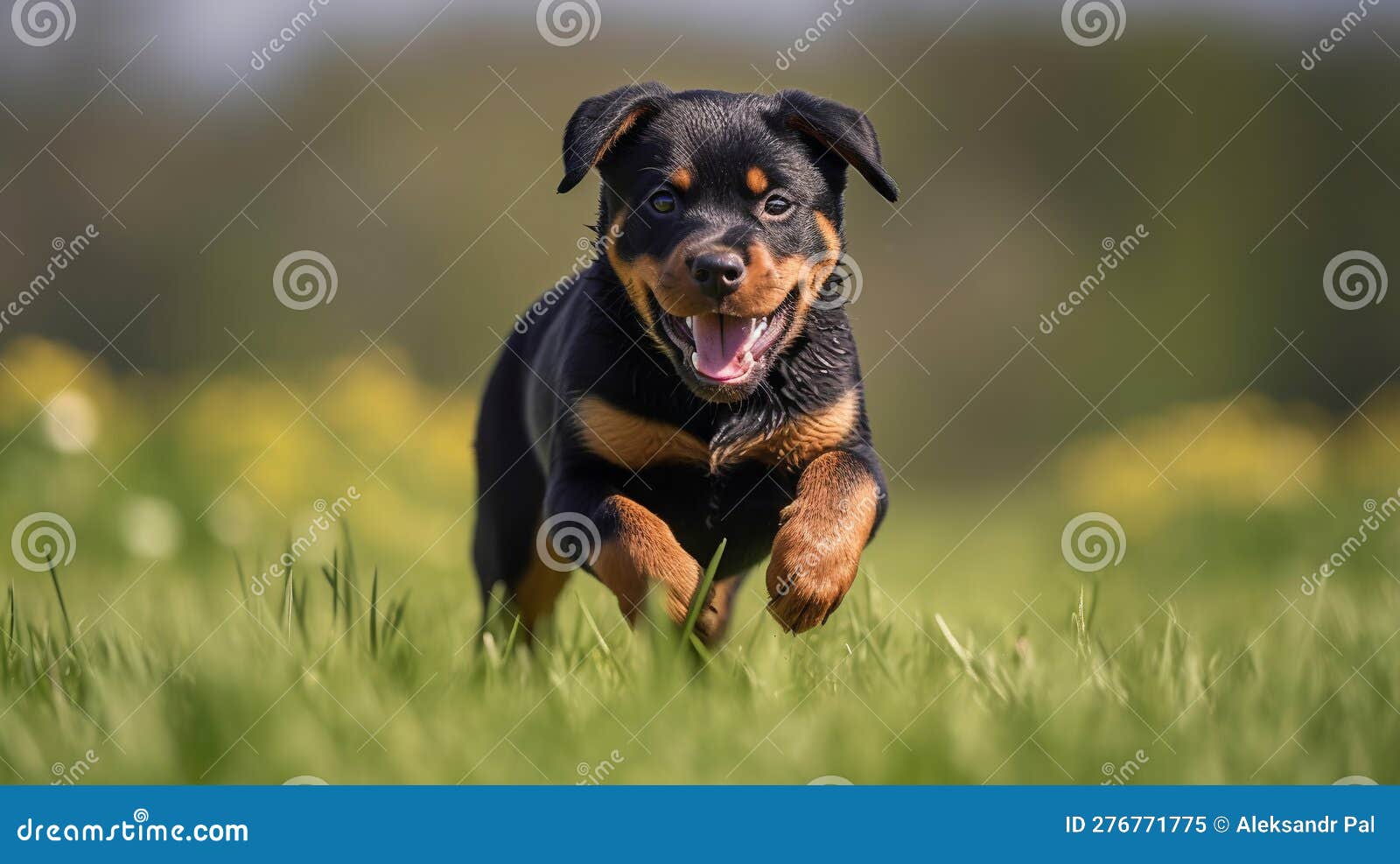 Energetic Rottweiler Puppy Running through a Green Field during a Warm ...