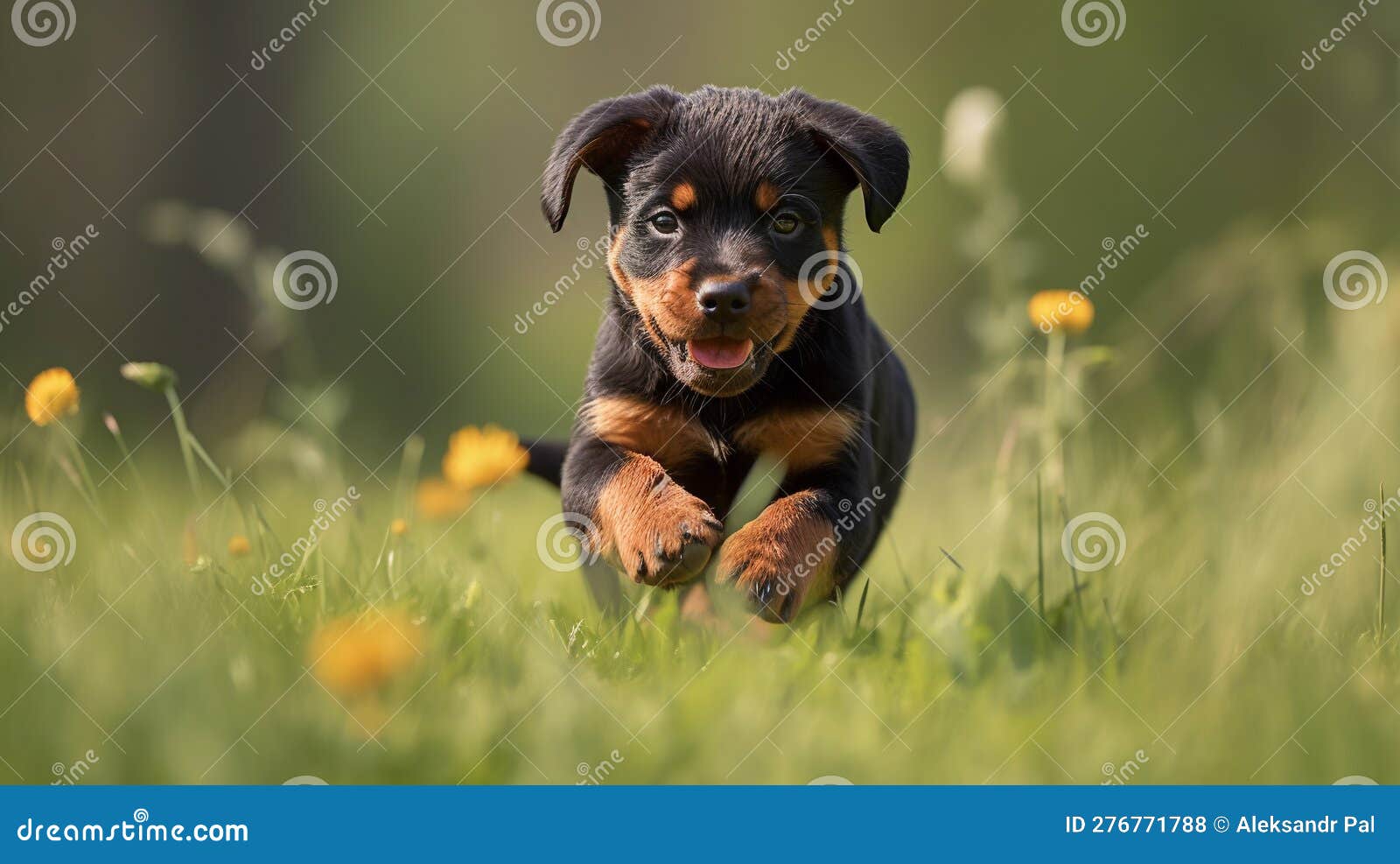 Energetic Rottweiler Puppy Running through a Green Field during a Warm ...