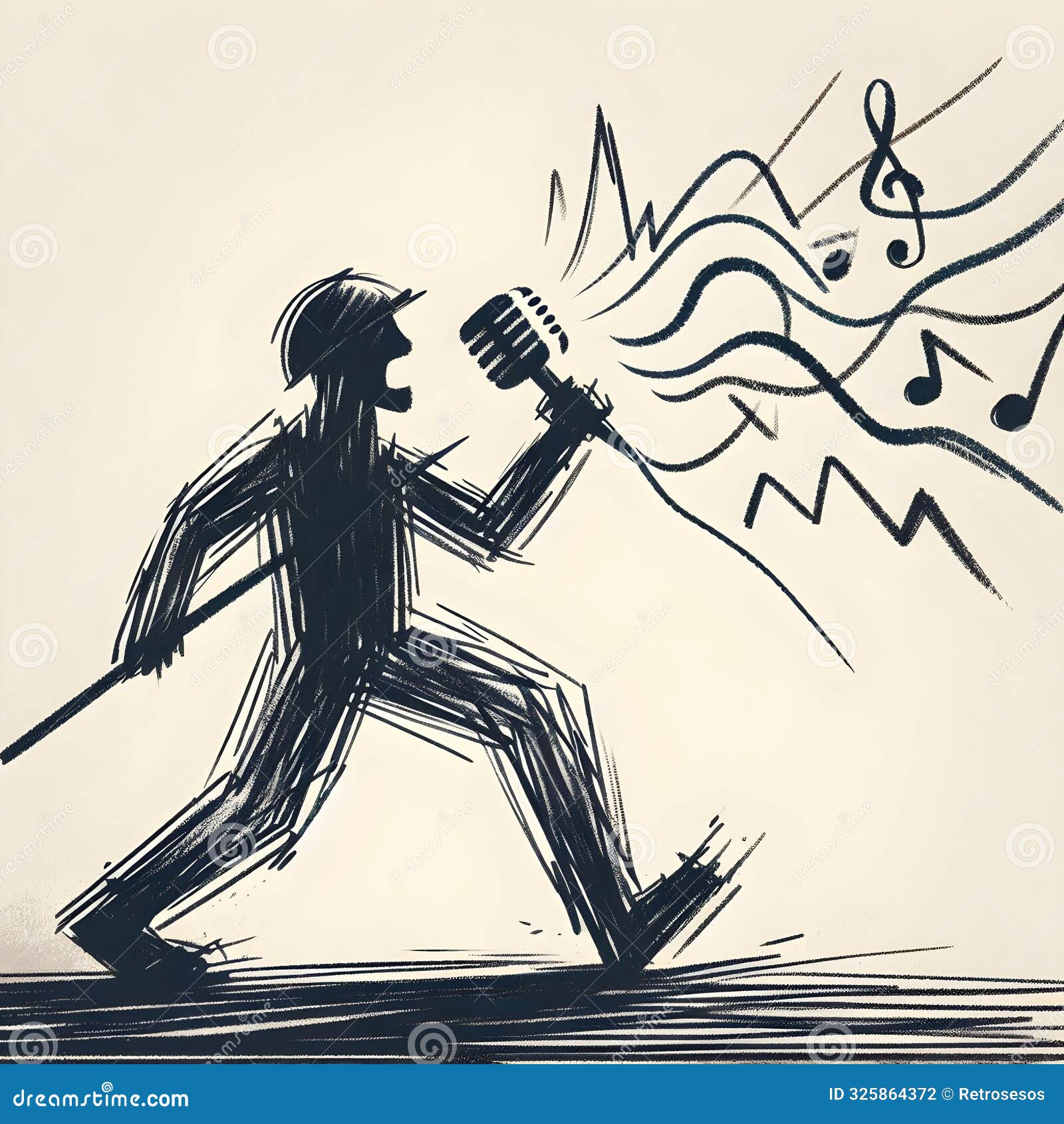 Singer with Microphone Walking Energetically with Music Notes Flowing ...