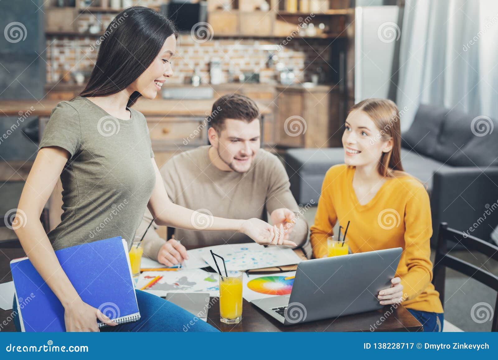 Energetic Three Students Uniting Efforts Stock Image - Image of ...