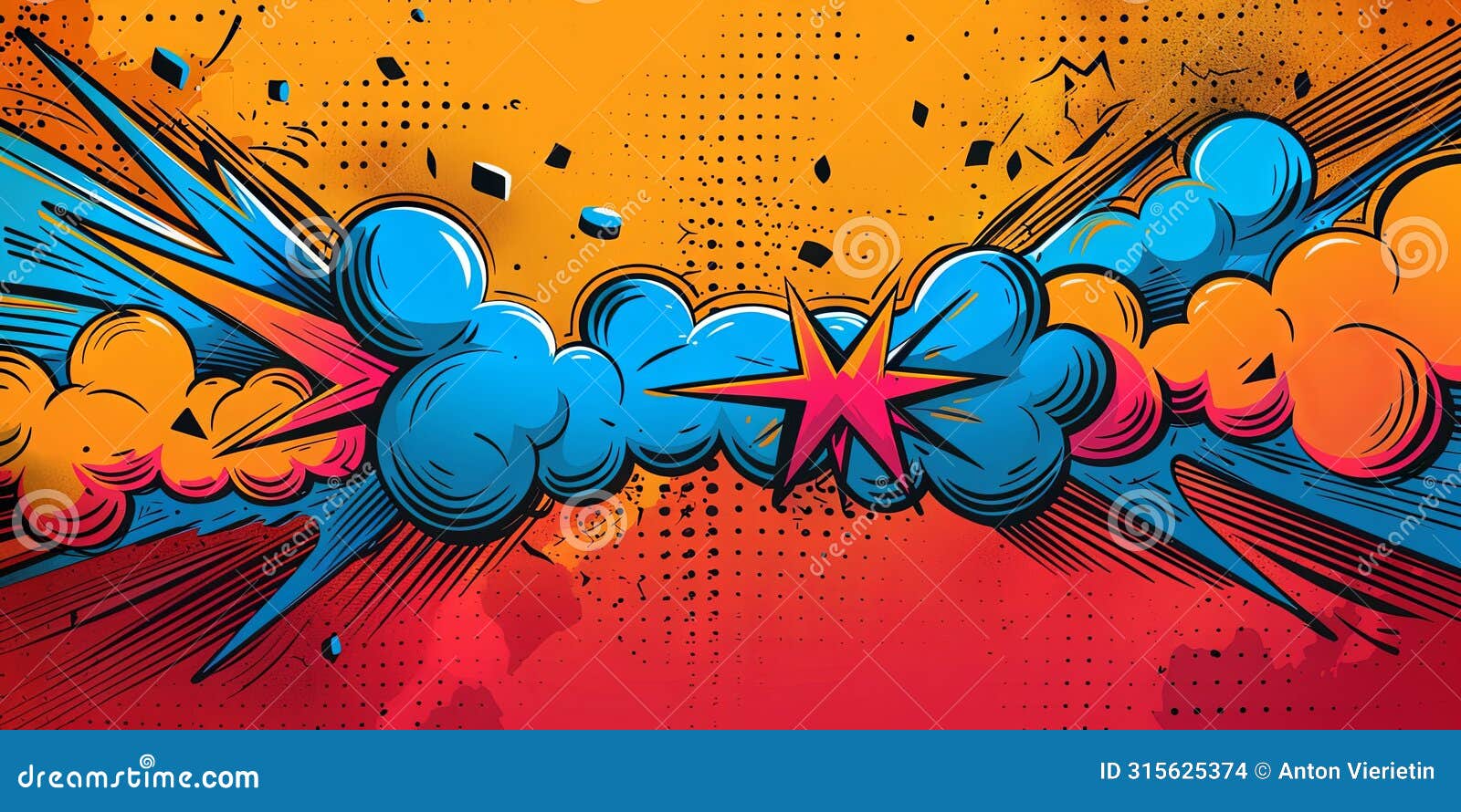 Energetic, Vintage Comic Background with Central Burst, Cloud Elements ...