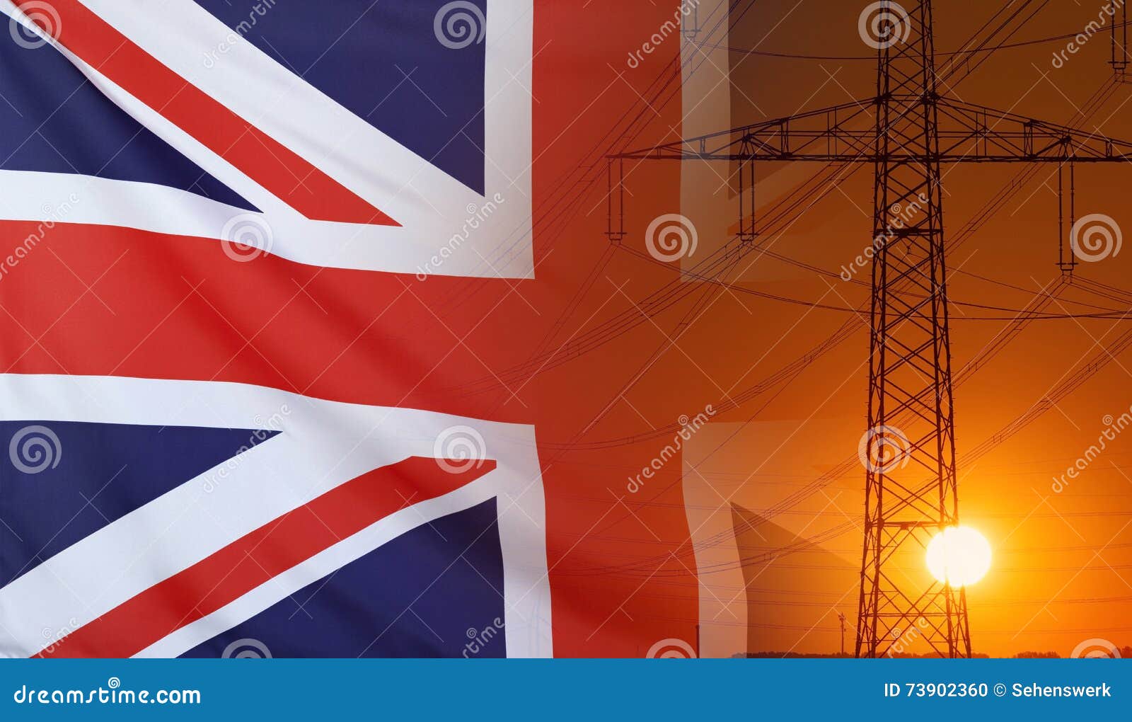 Energy Concept Great Britain Flag with Sunset Power Pole Stock Photo ...