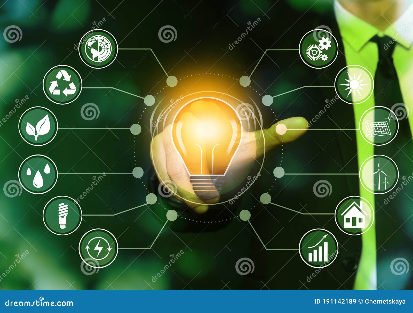 Energy Efficiency. Man Demonstrating Scheme with Icons, Closeup Stock ...