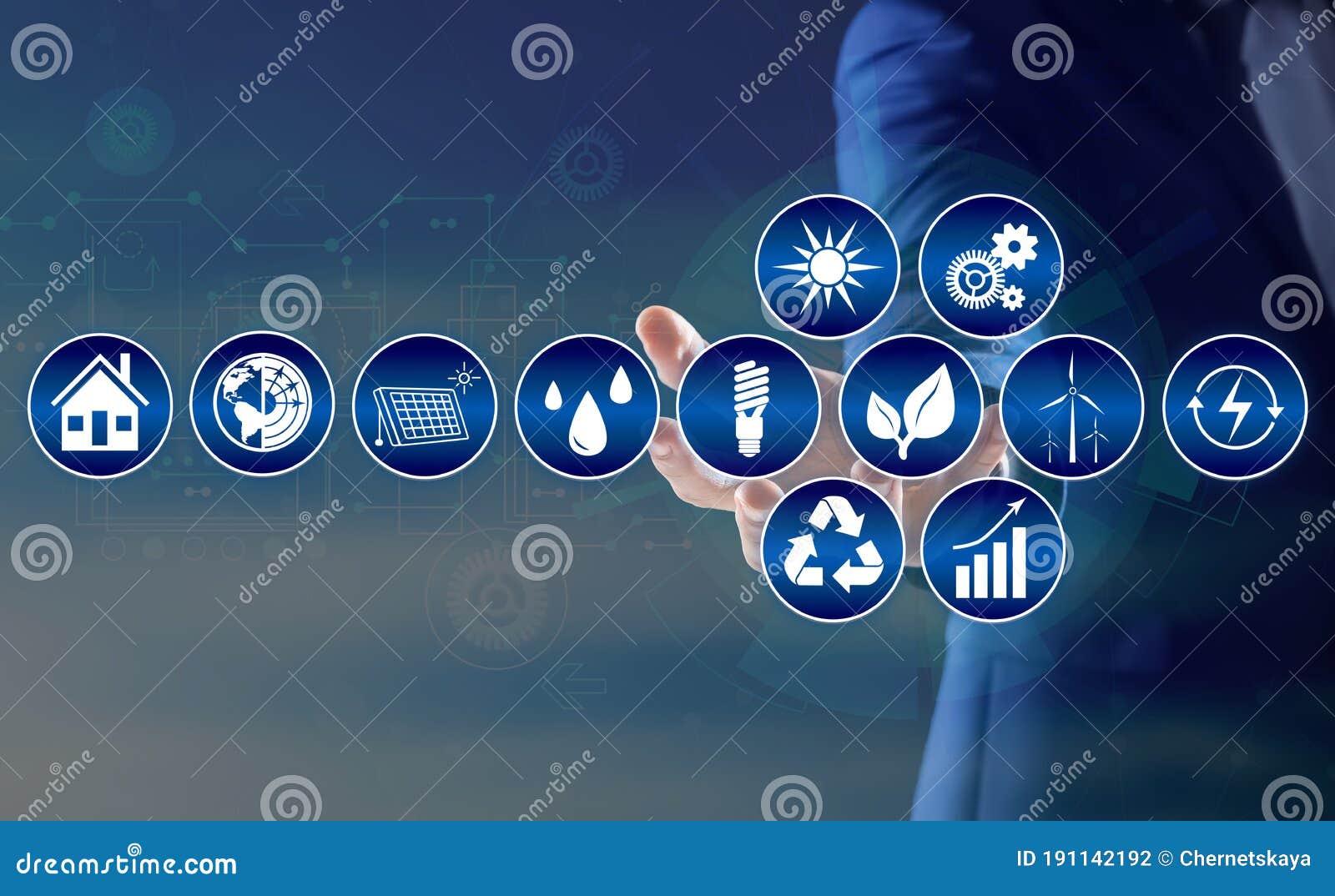 Energy Efficiency. Man Demonstrating Scheme with Icons, Closeup Stock ...