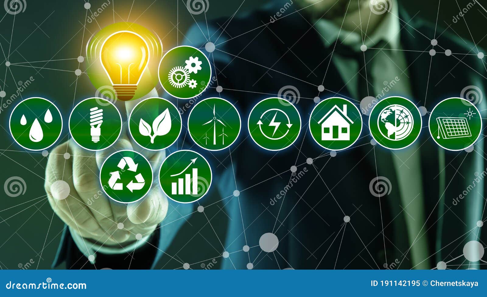 Energy Efficiency. Man Demonstrating Scheme with Icons, Closeup Stock ...