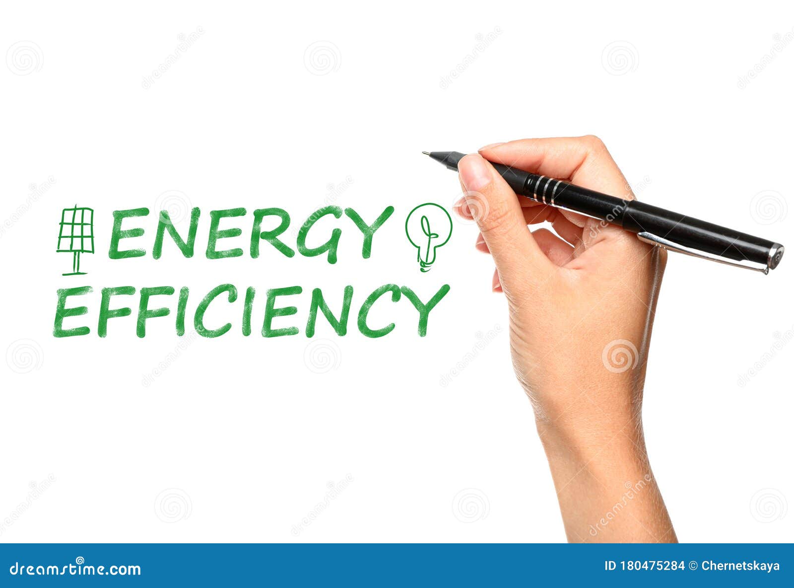 Energy Efficiency Concept. Woman Writing on Background, Closeup Stock ...