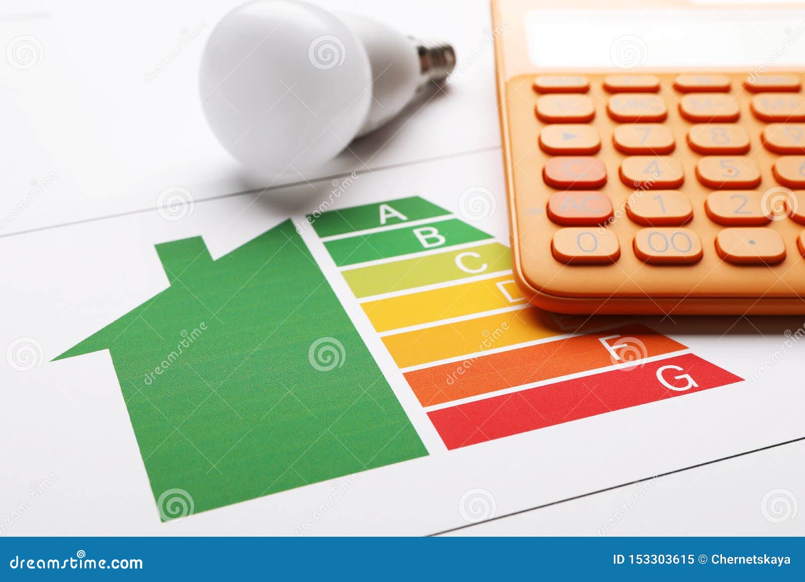 Energy Efficiency Rating Chart, LED Light Bulb and Calculator on White ...