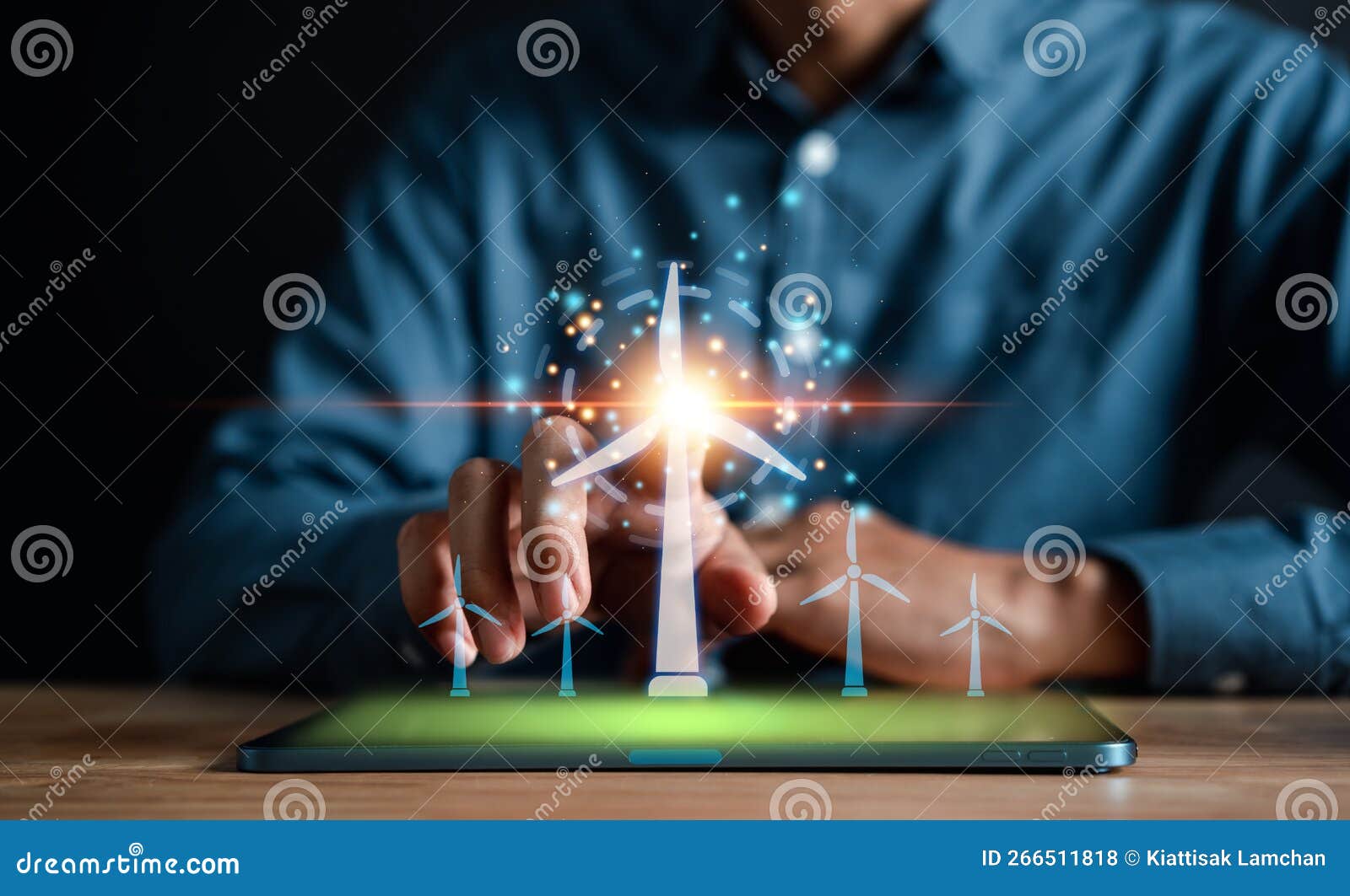 Energy Engineer Using Tablet Virtual Wind Turbine Farm with Map Future ...