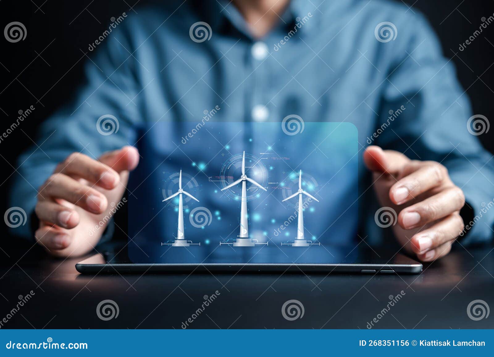 Energy Engineer Using Tablet Virtual Wind Turbine Farm with Map Future ...