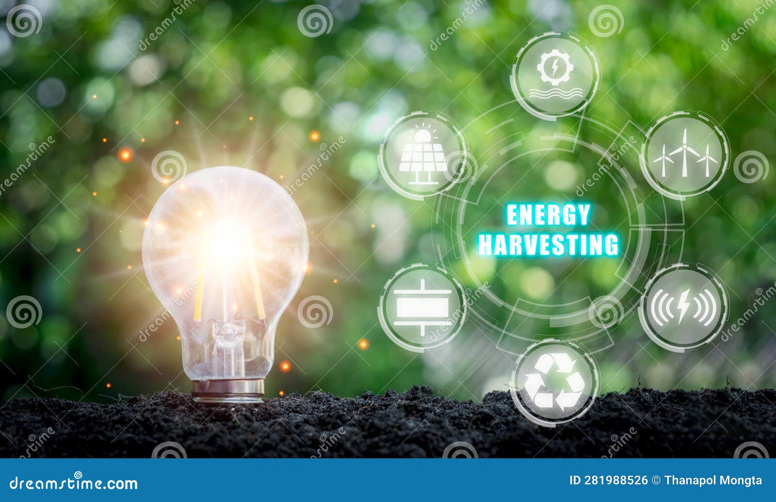 Light Bulb on Soil with Energy Harvesting Icon on Virtual Screen Stock ...