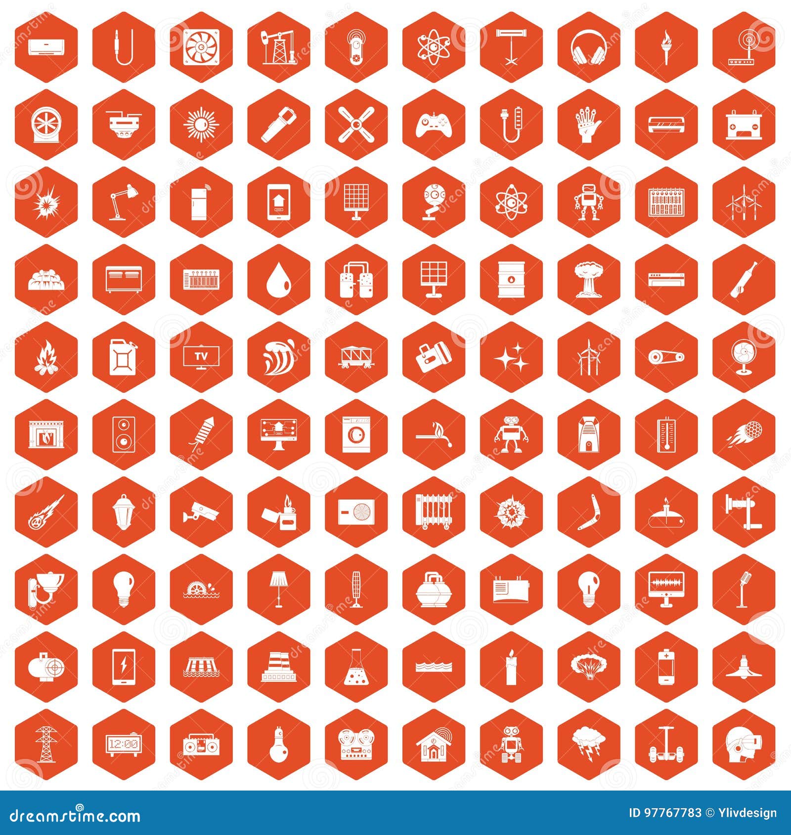 100 Energy Icons Hexagon Orange Stock Vector - Illustration of hexagon ...