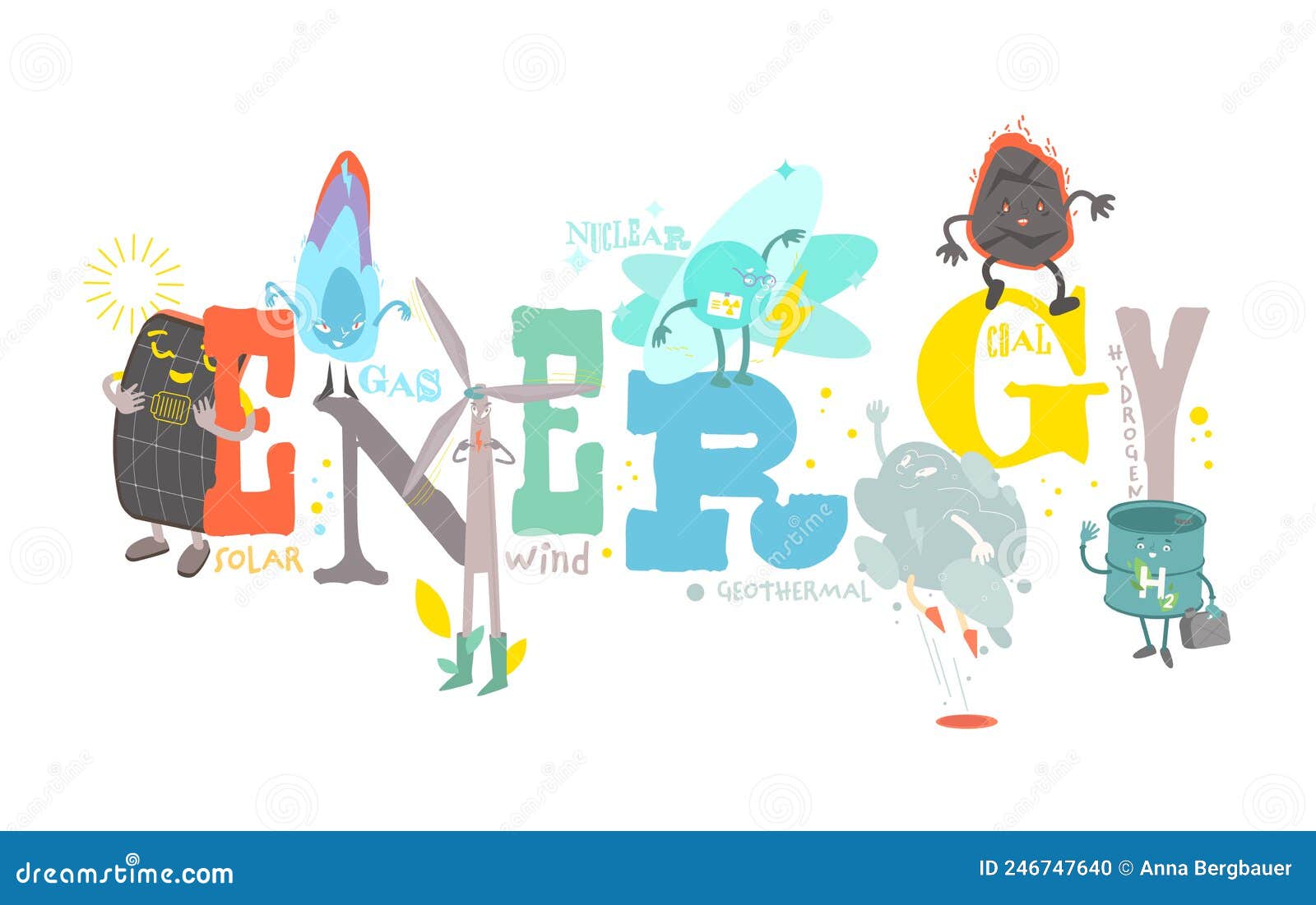 Energy Lettering with Funny Creative Characters. Vector Illustration ...