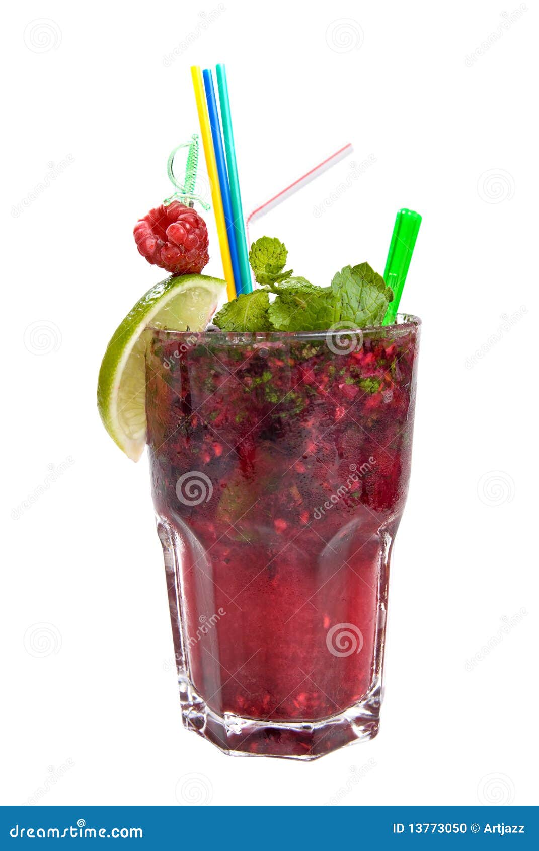 Energy Mohito with Mint, Lime and Raspberry Stock Photo - Image of long ...
