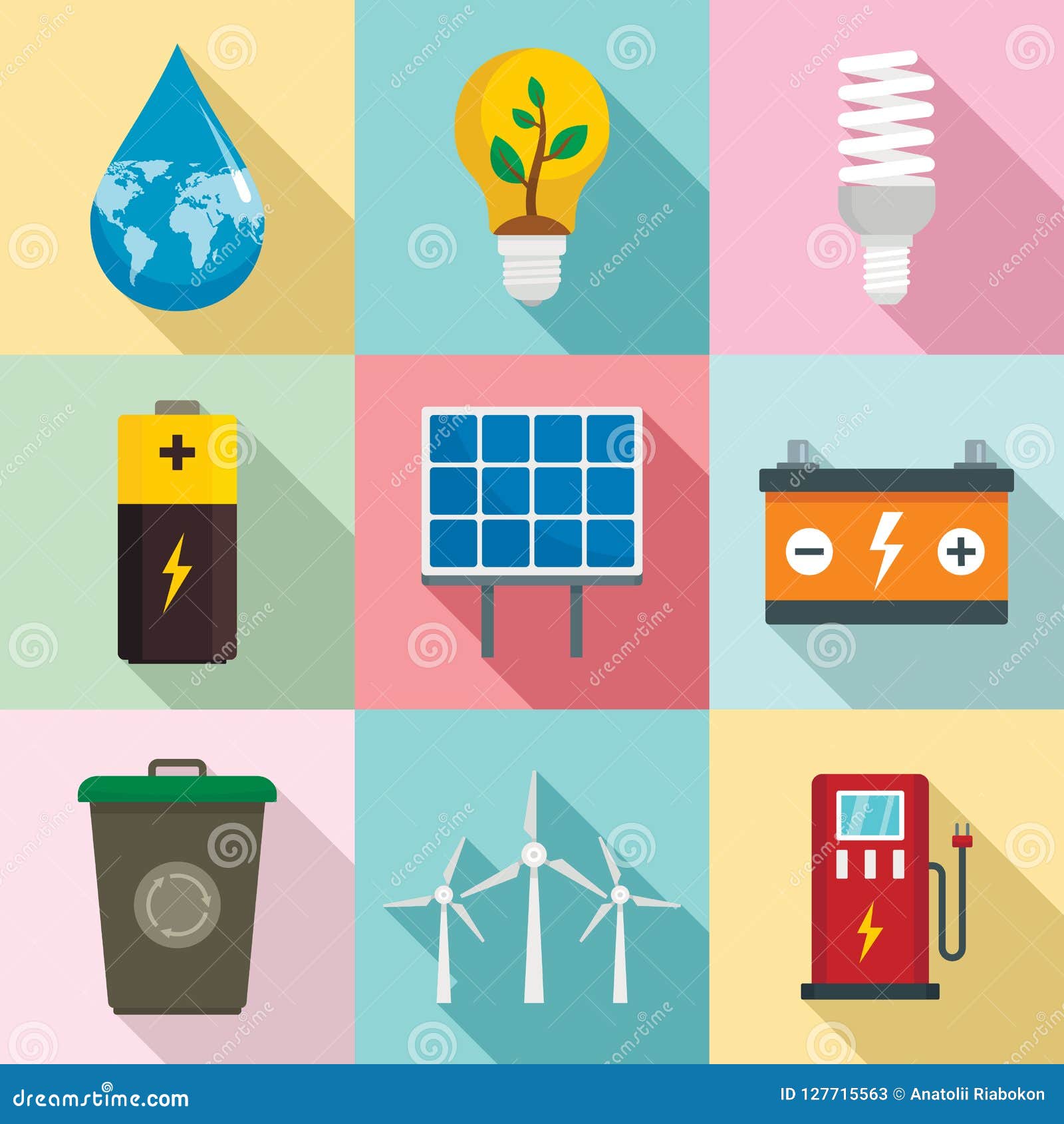 Energy Saving Icon Set, Flat Style Stock Vector - Illustration of ...