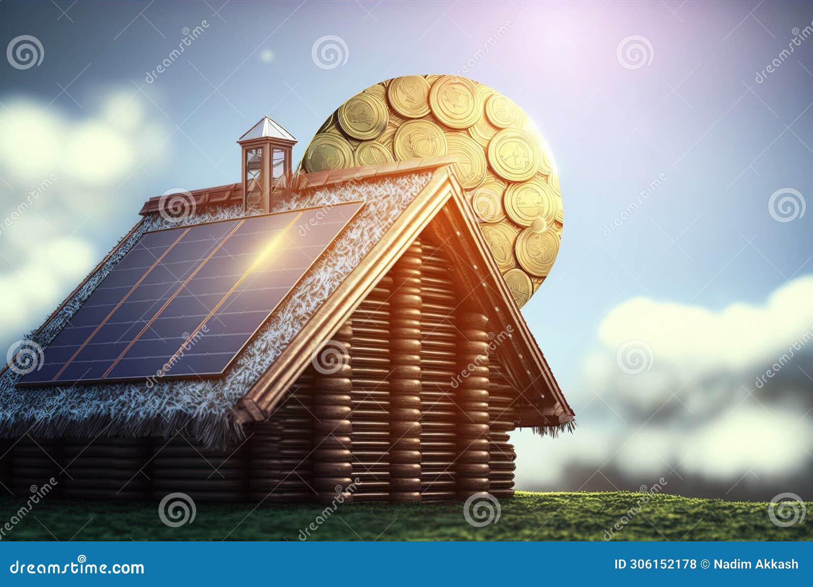 Energy Solar Using Saved Money Panels Solar Roof Coins Stack Stock ...