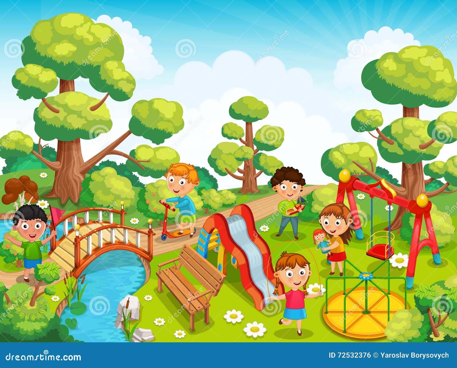 Enfants Jouant Avec Des Jouets Sur Le Terrain De Jeu Dans Le Vecteur De