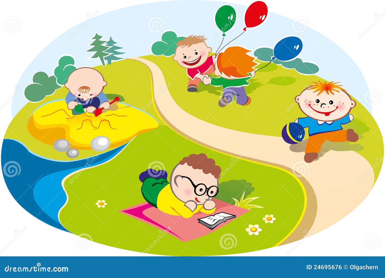 Enfants jouant dans le pré illustration de vecteur. Illustration du ...