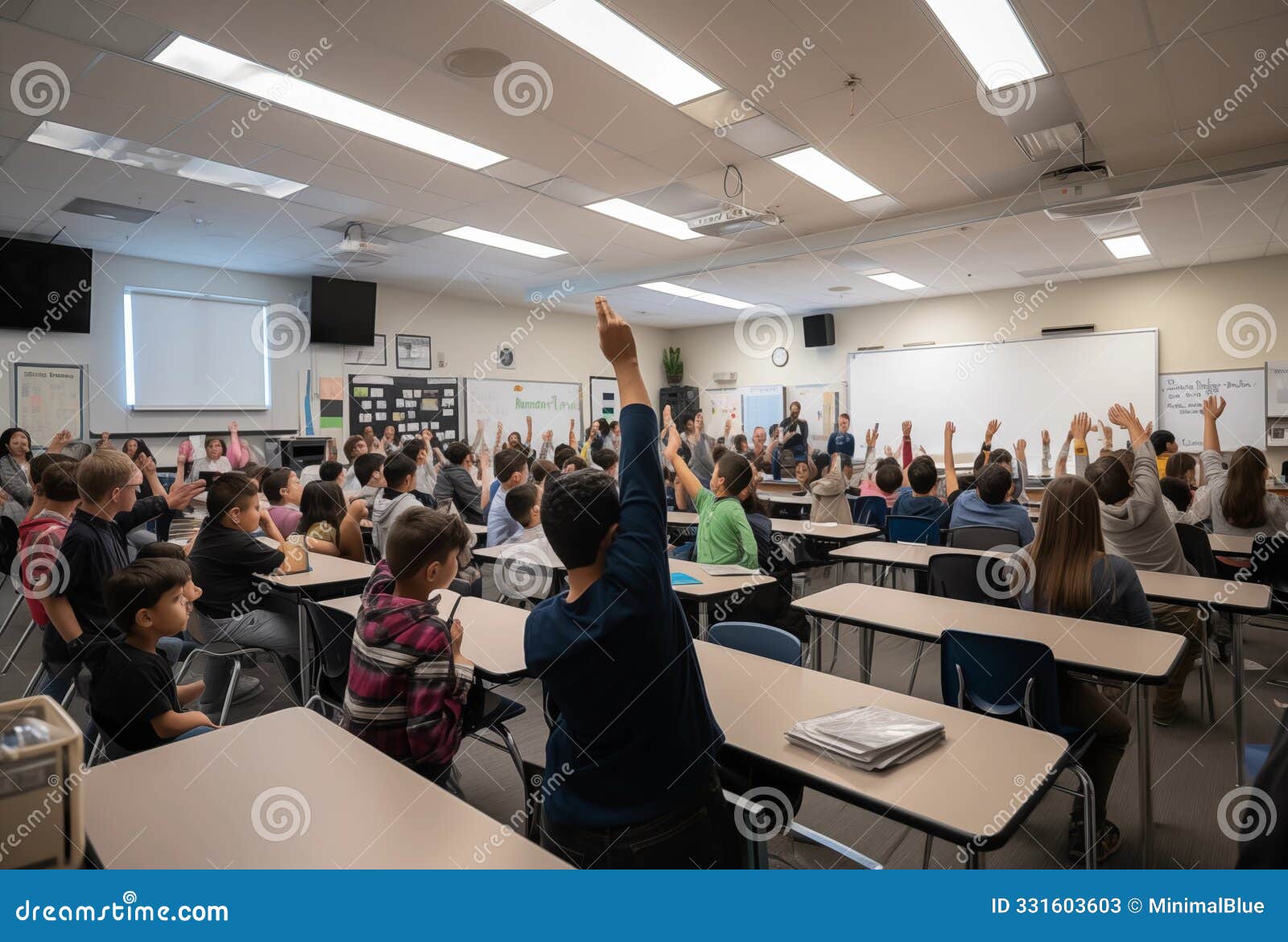 Engaged Classroom with Students Raising Hands Stock Illustration ...
