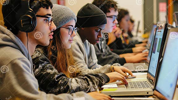 Engaged Students Collaborating on Computers in a Classroom Setting with ...