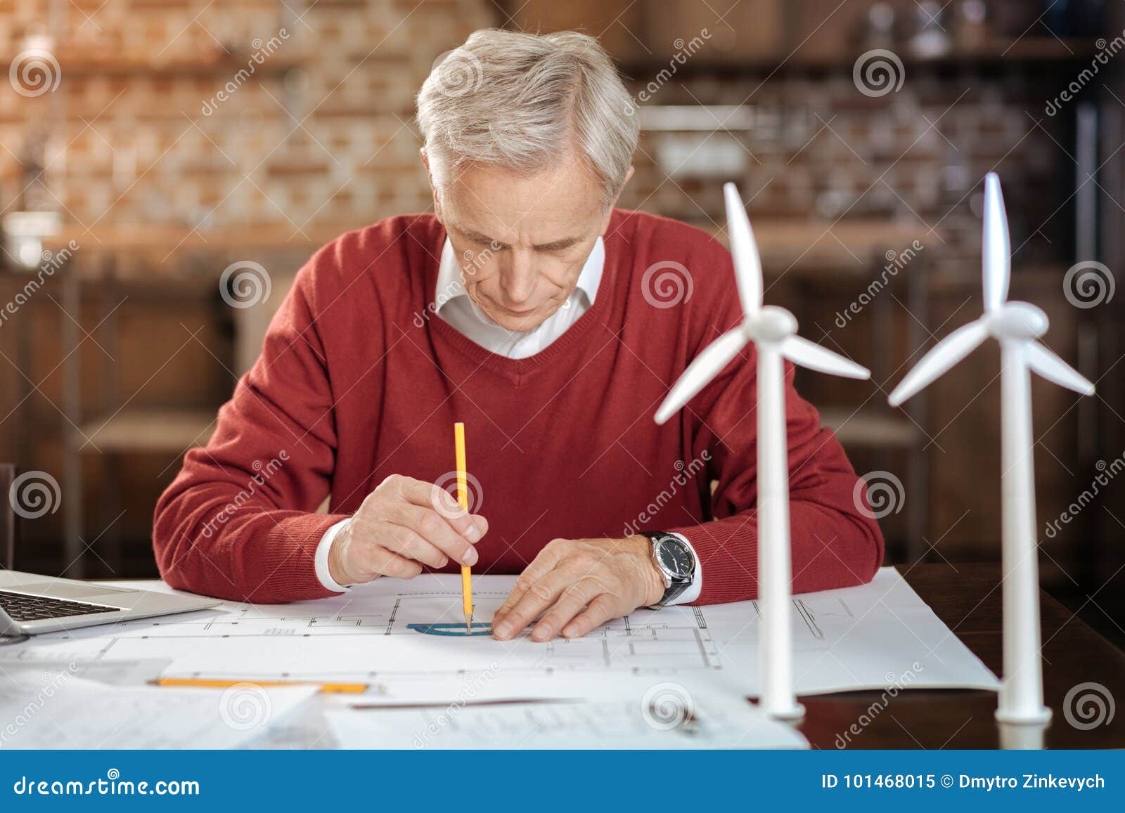 Grey-haired Man Using Protractor while Drawing Blueprint Stock Image ...