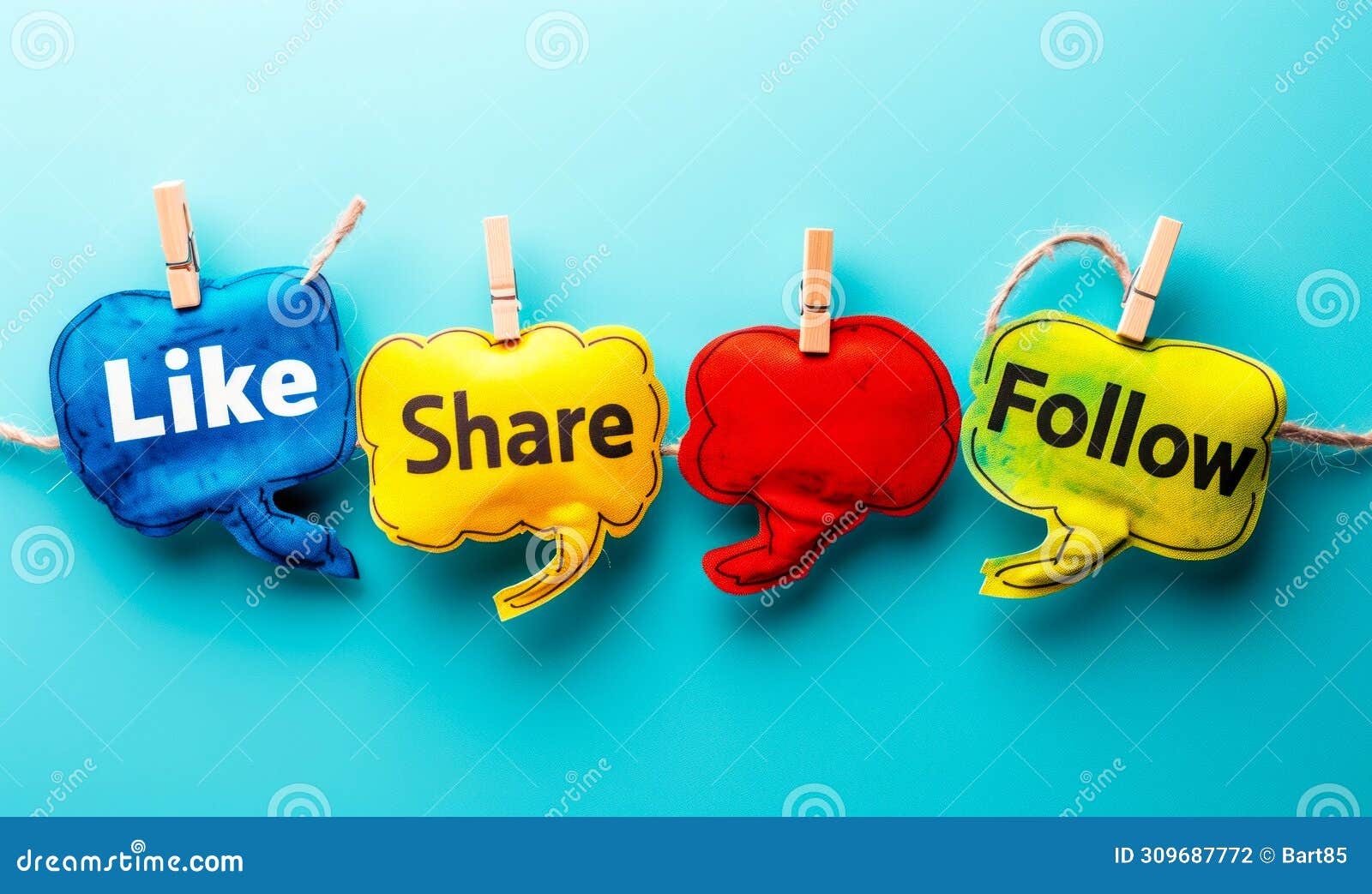 Engagement Concept with Like, Share, Follow Speech Bubbles Pinned on a ...