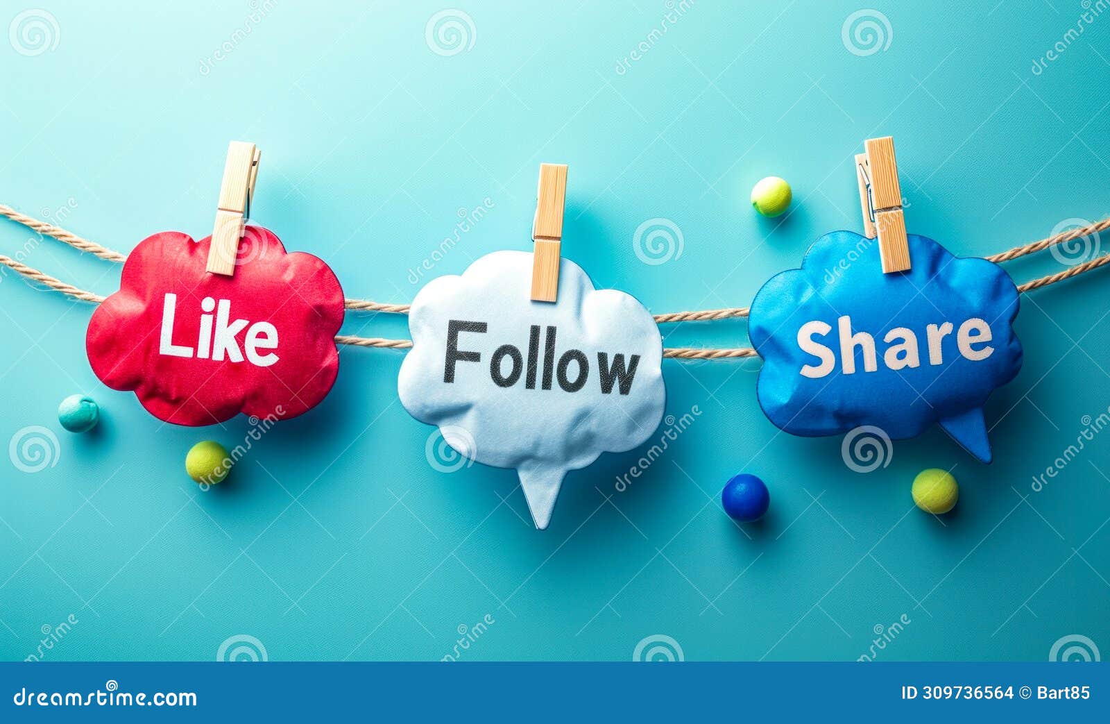 Engagement Concept with Like, Share, Follow Speech Bubbles Pinned on a ...