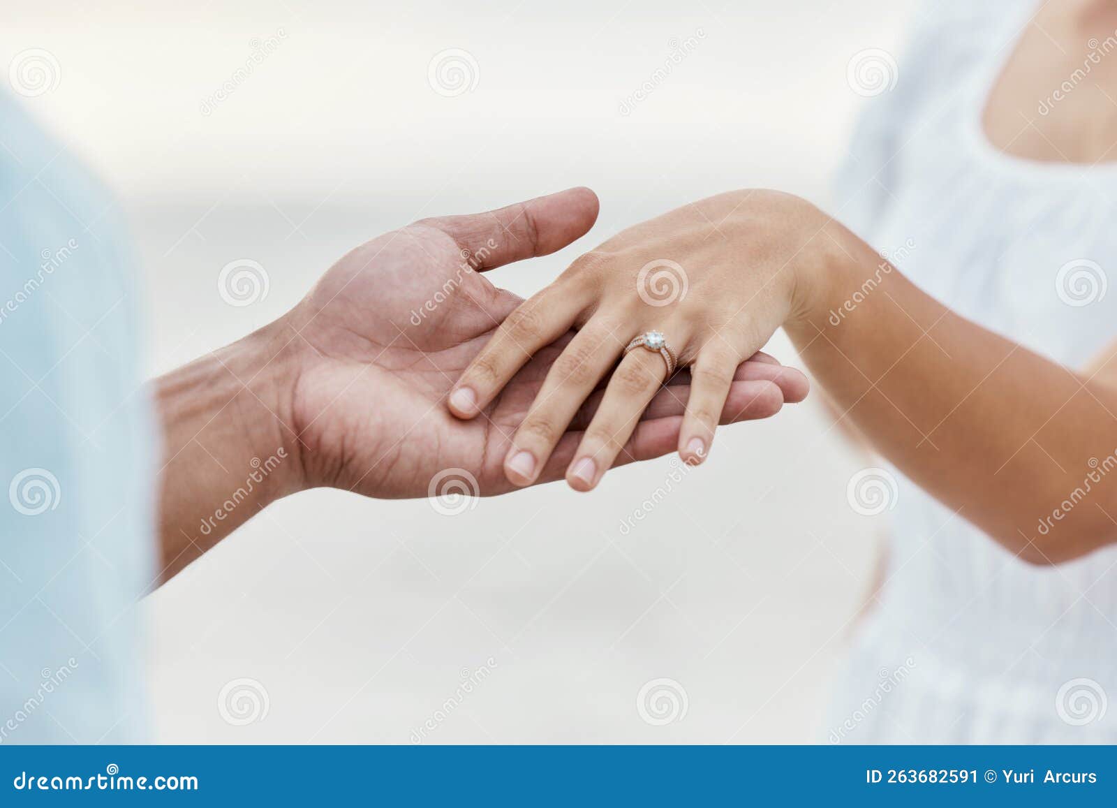Engagement Proposal Couple Hand And Marriage Ring On Vacation At Beach