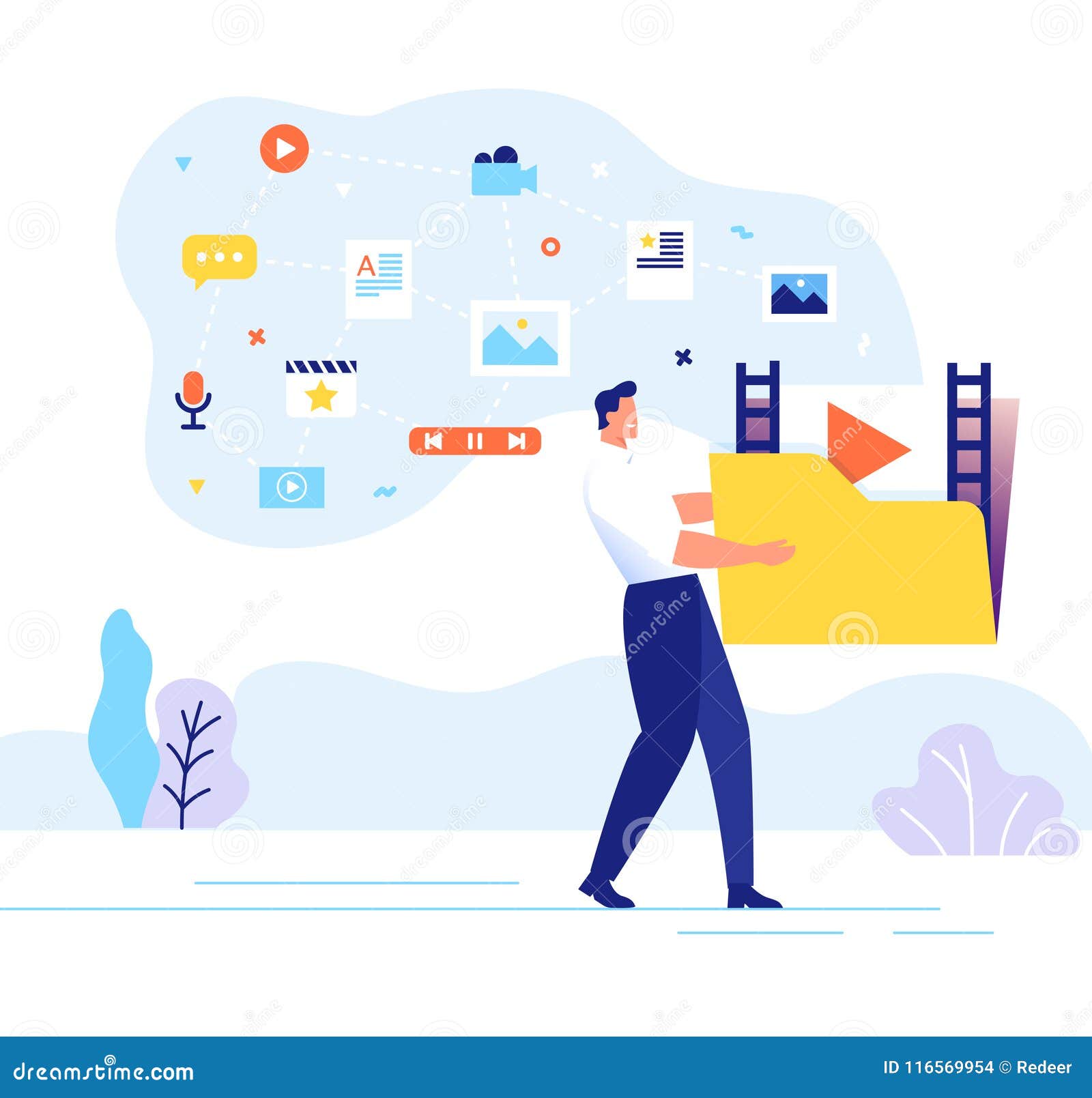 Engaging Content Concept. Man Carries a Large Folder with Media Files ...