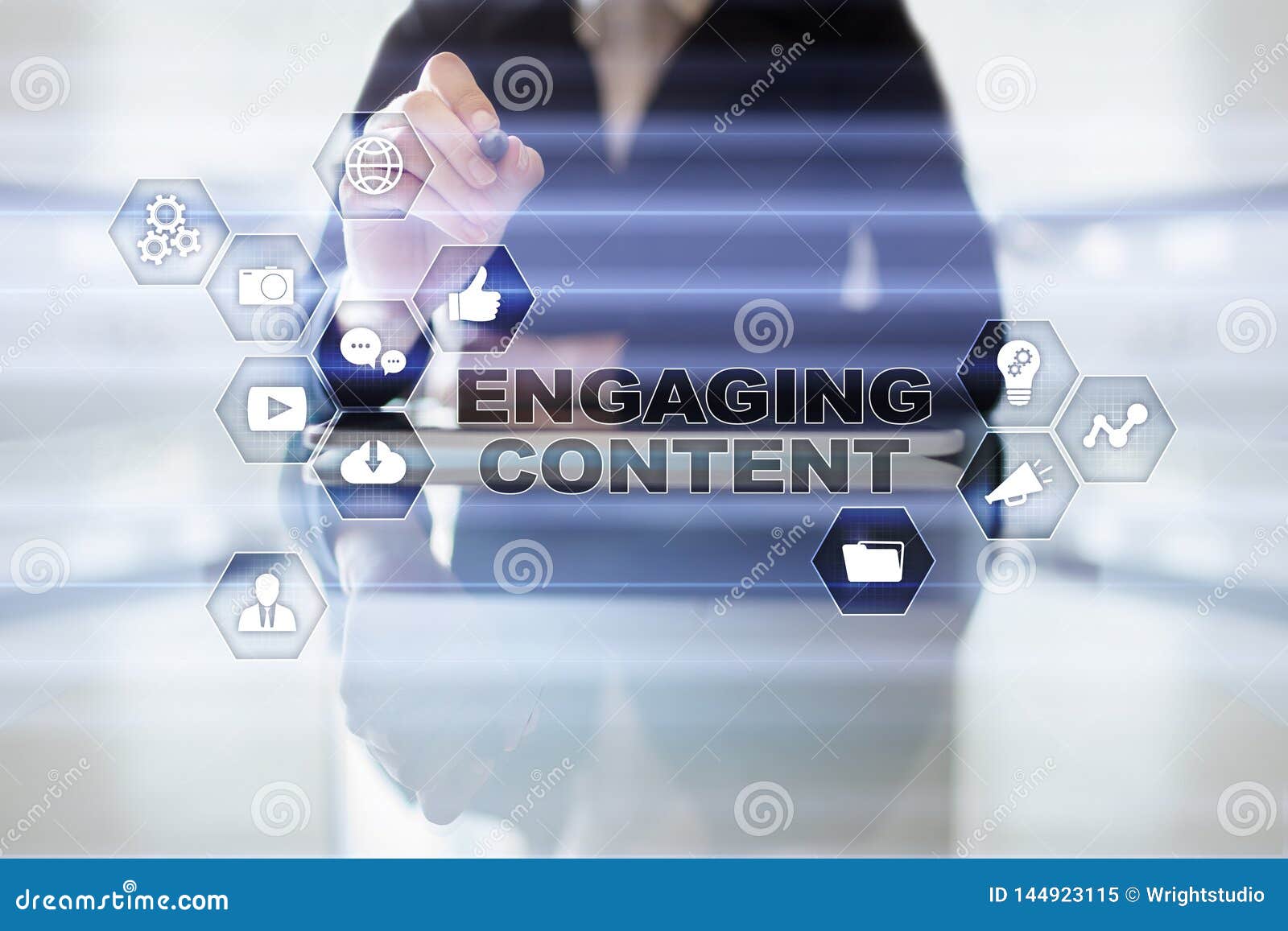 Engaging Content on Virtual Screen. Digital Marketing Concept. Stock ...