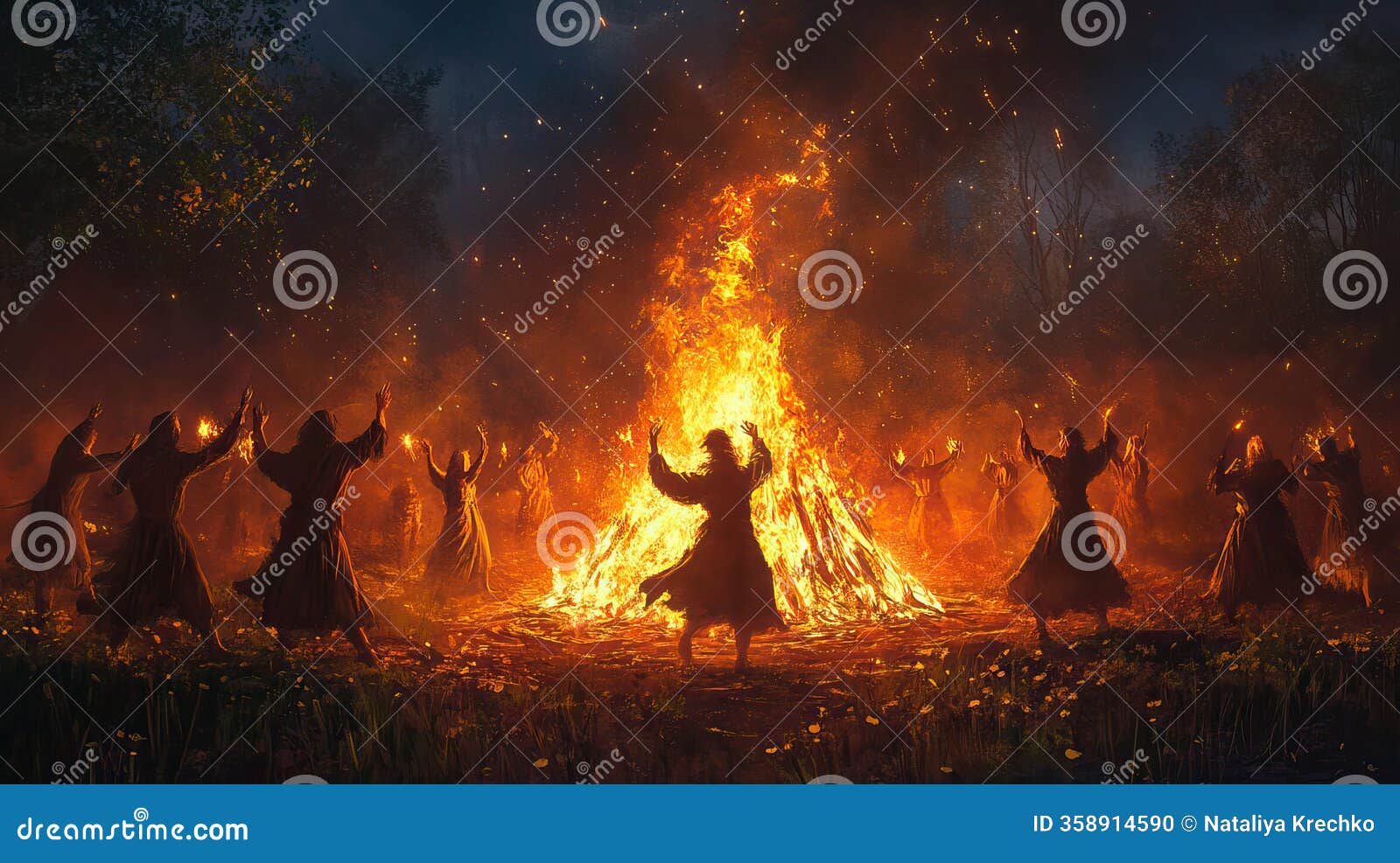 Engaging in a Nighttime Ritual by the Bonfire with Figures Dancing ...