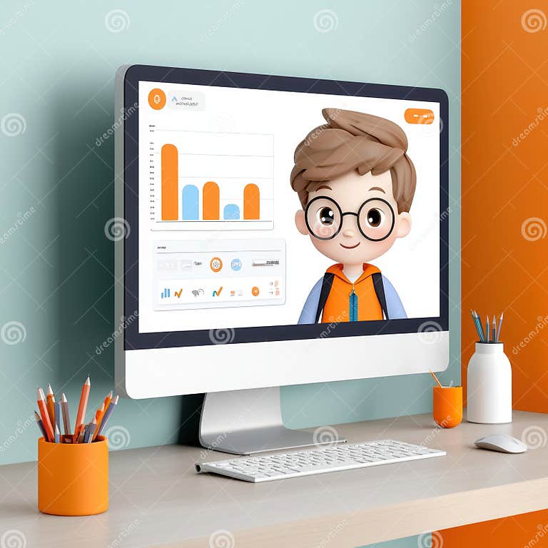 Engaging Visual of Computer Setup Featuring Cartoon Boy, Educational ...