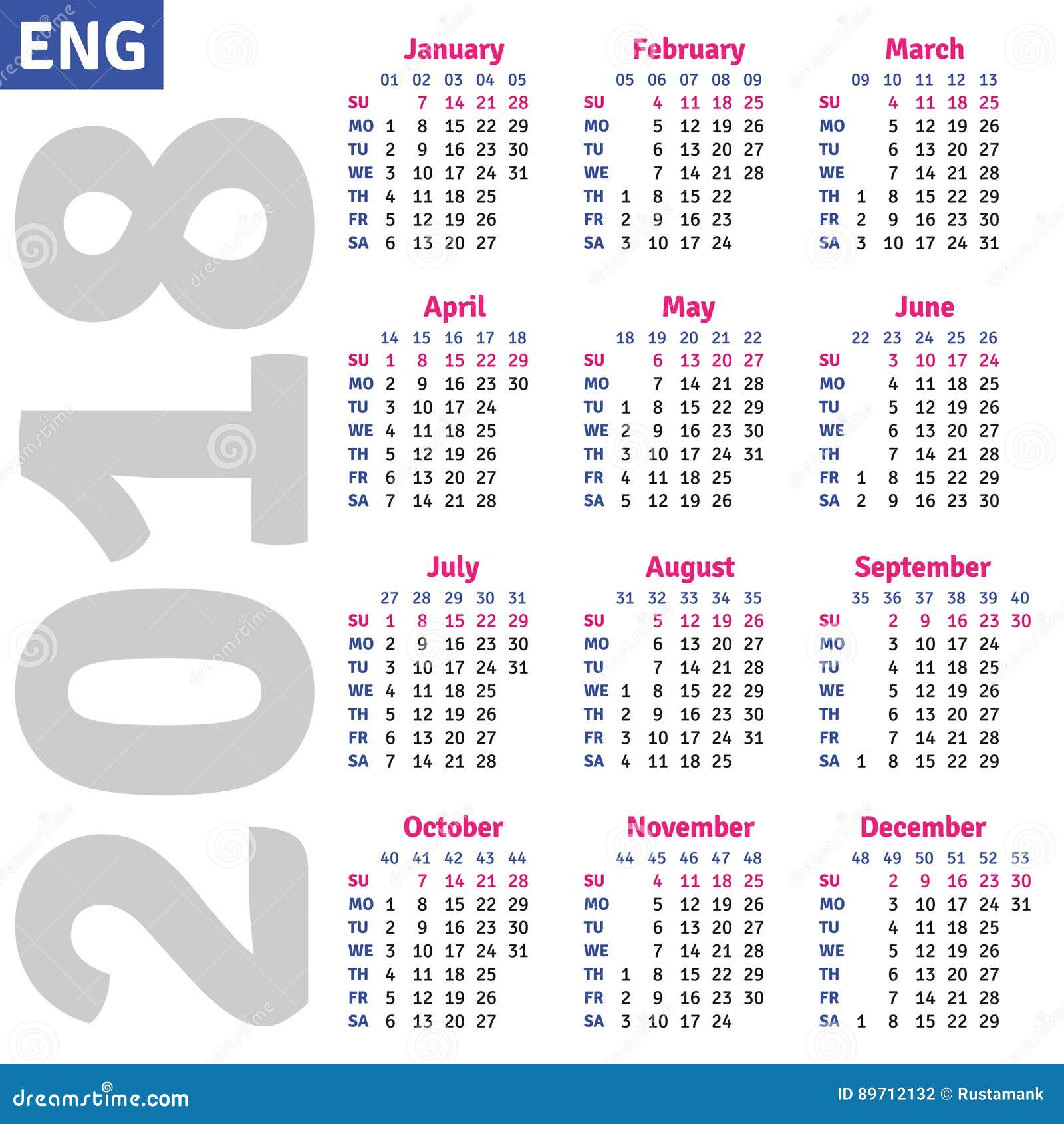 Engelse kalender 2018 vector illustratie. Illustration of bureaublad ...