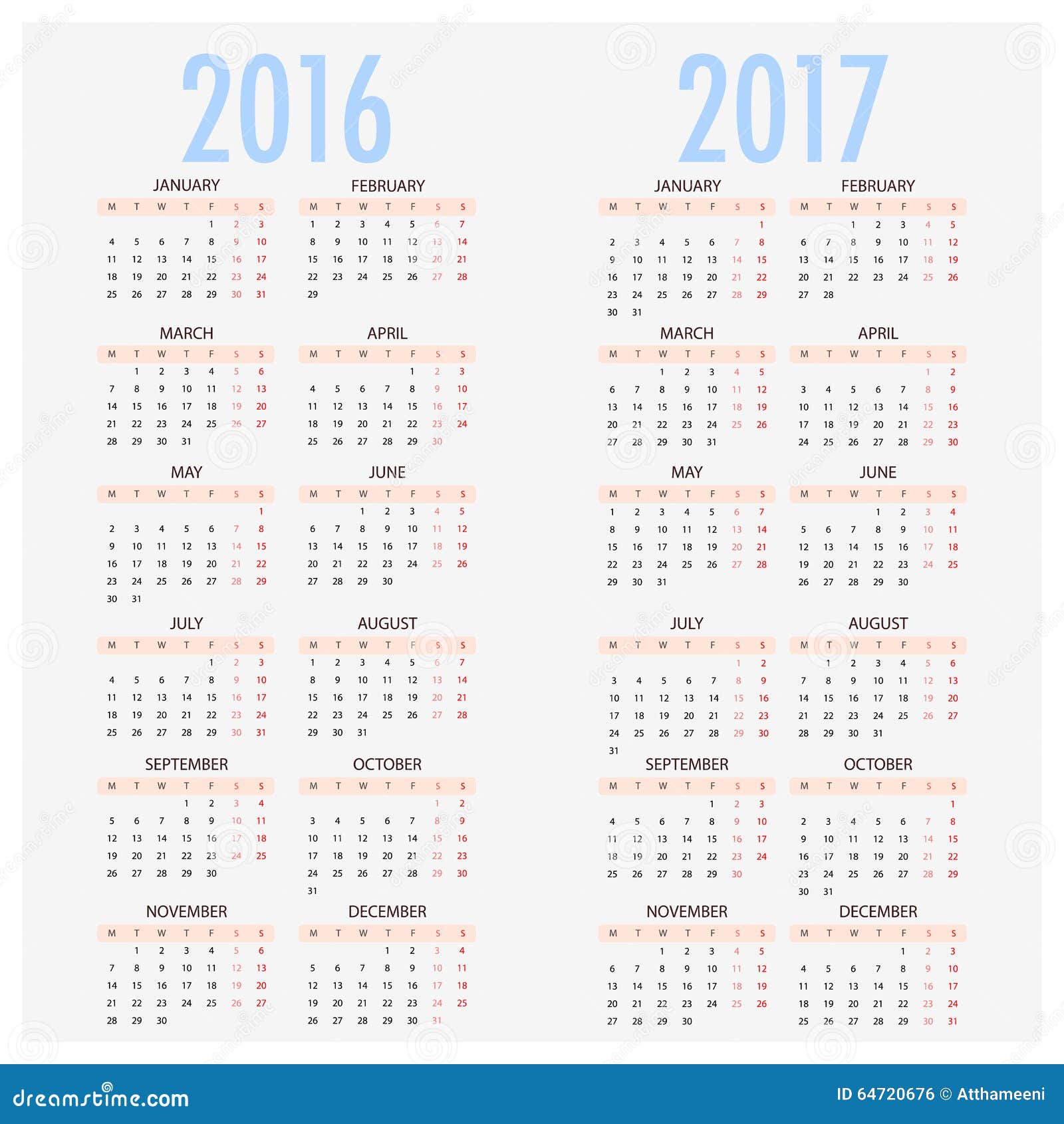 Engelse Kalender Jaren 2016 En 2017, Weekbegin Op Maandag Vector ...