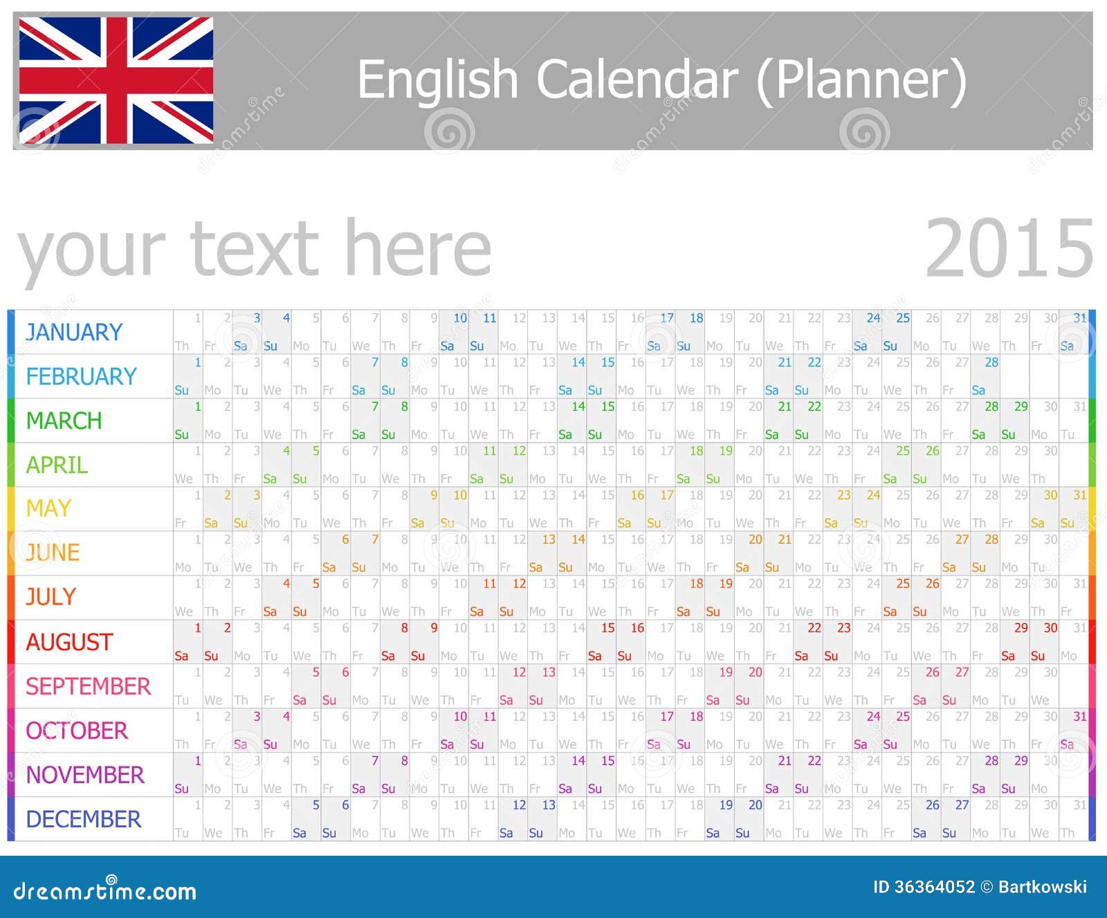 2015 Engelse Kalender Ontwerper-2 Met Horizontale Maanden Vector ...