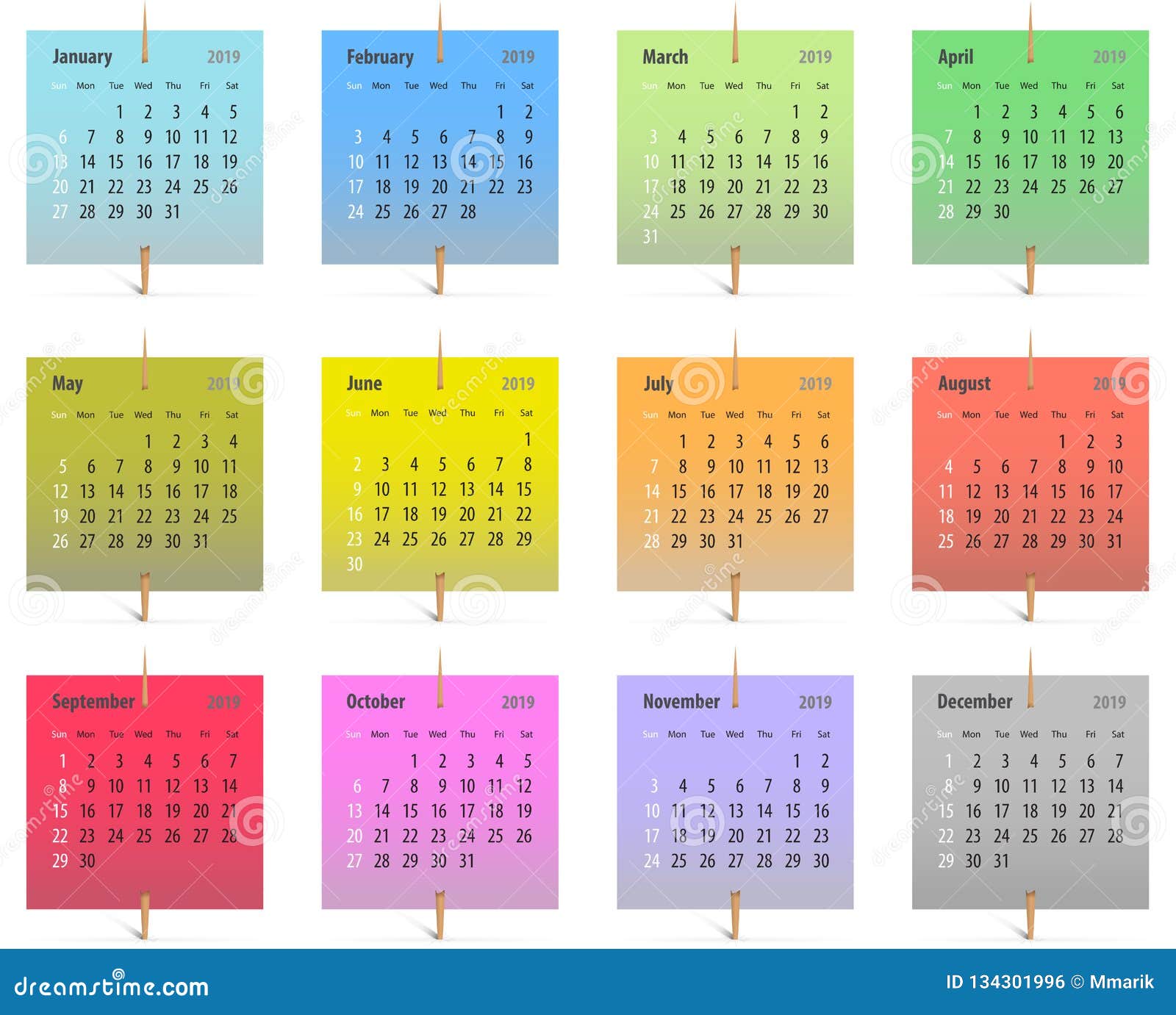 2019 Engelse Kalenders Met Kleurenstickers Vector Illustratie ...