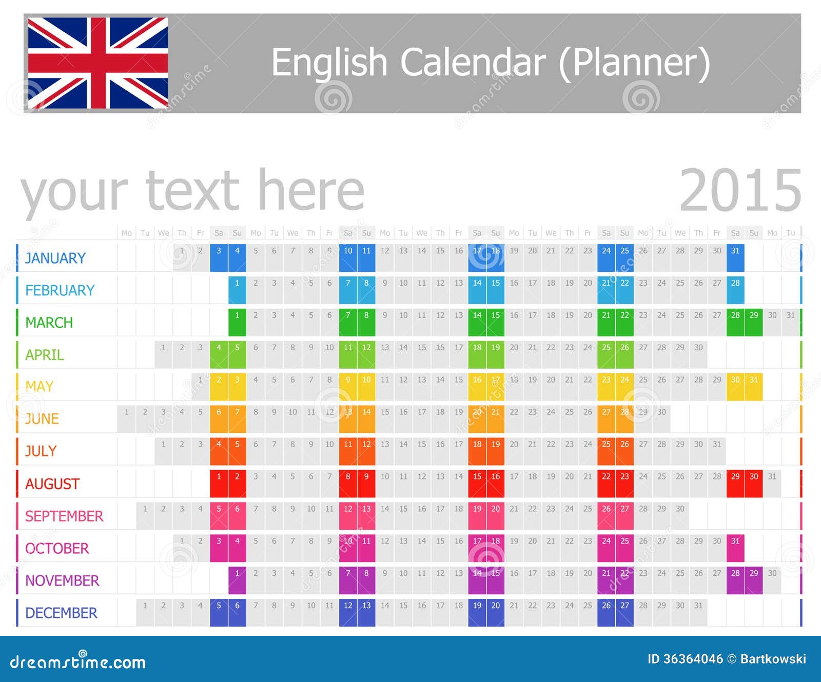 2015 Engelse Ontwerperskalender Met Horizontale Maanden Vector ...