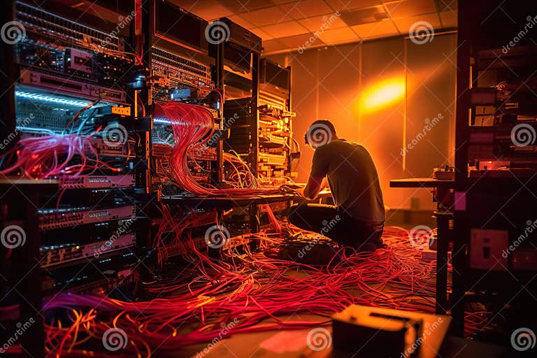 An Expert Engineer in Data Center Server Room Connecting Cables in Server Cabinet Stock ...