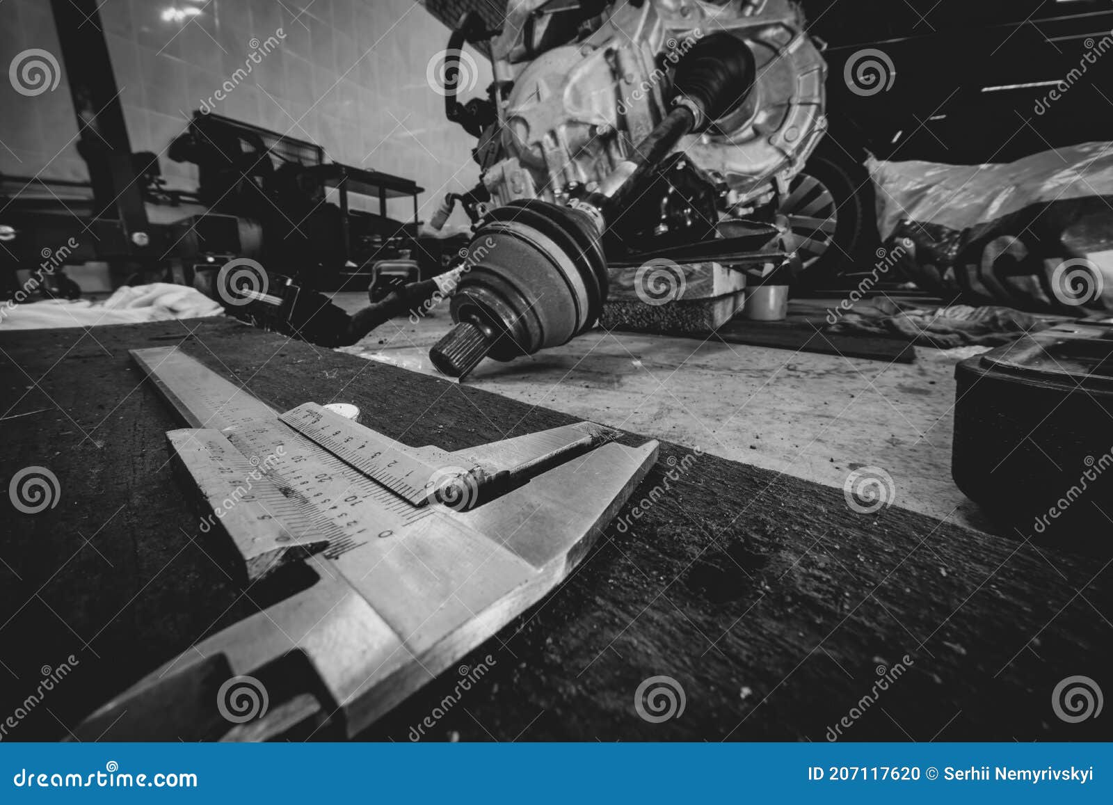 The Engine on Background, Vernier Caliper, Adjustment and Precision ...