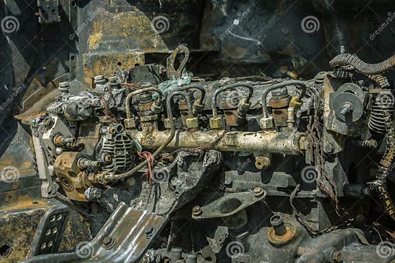 Engine of a burned car stock photo. Image of background - 117979342